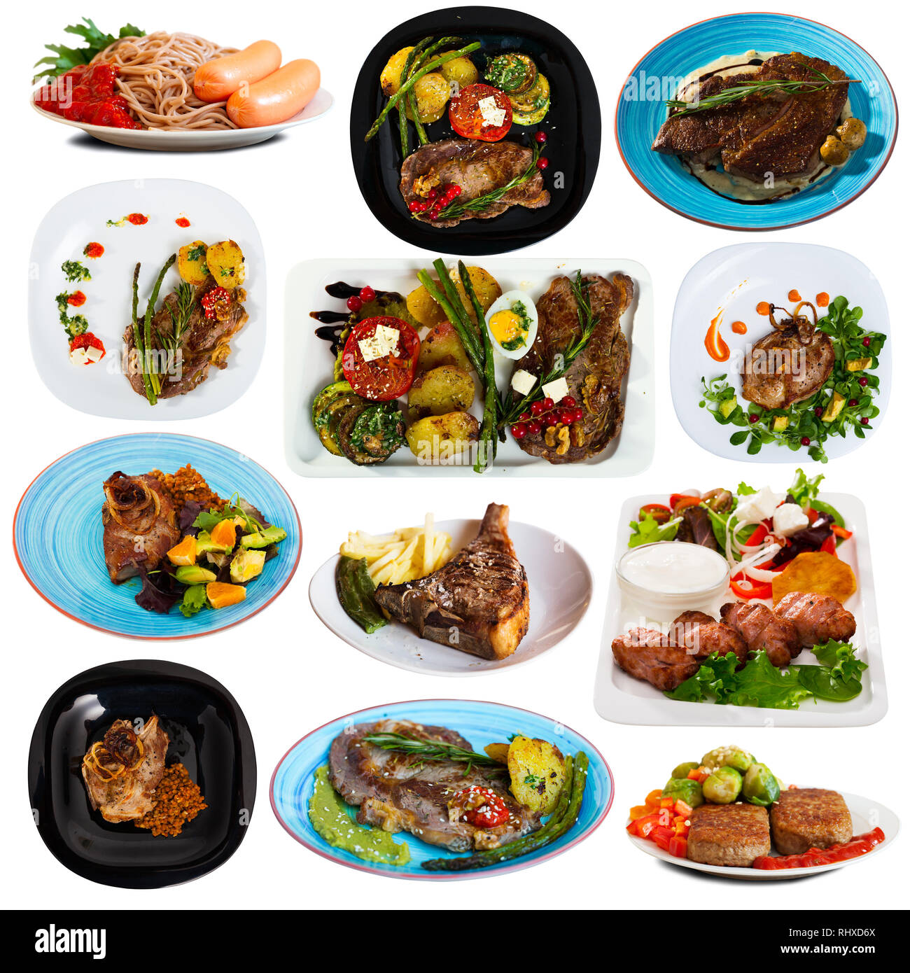 Set of beef and pork dishes served isolated on white background Stock ...