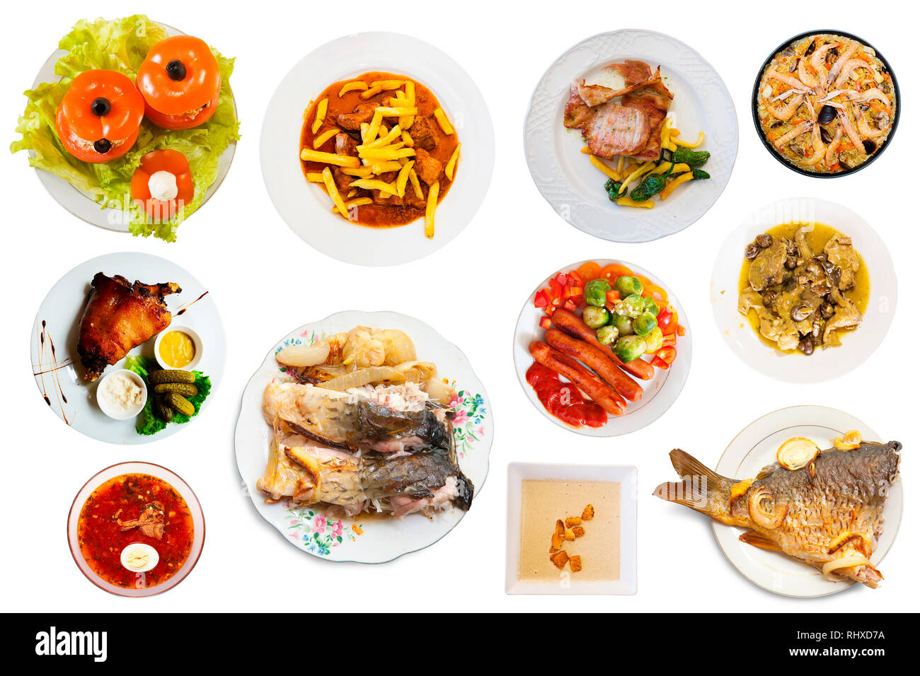 Image of set of many plates with food over white background Stock Photo ...