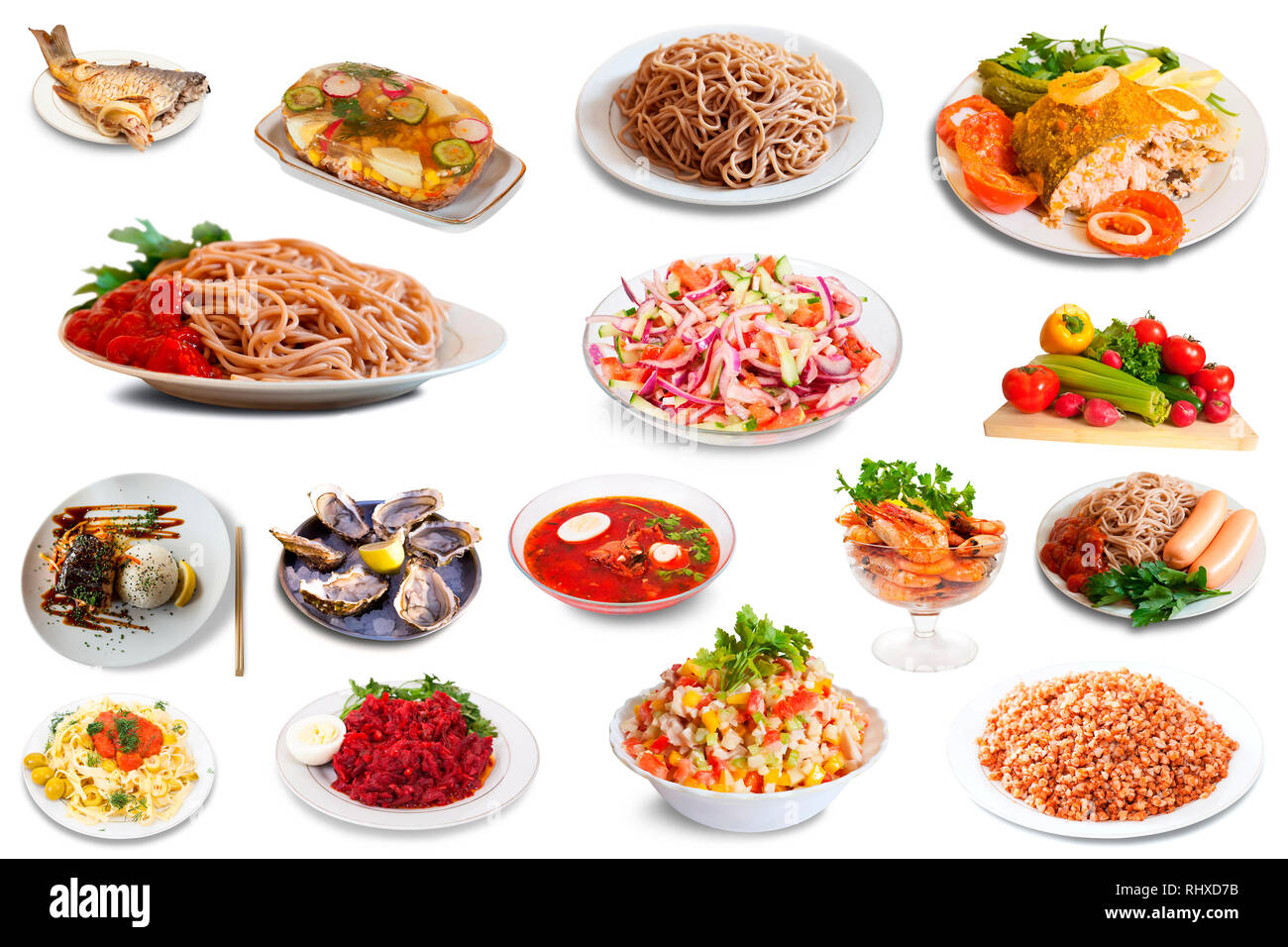Picture of set of many plates with tasty food over white background ...