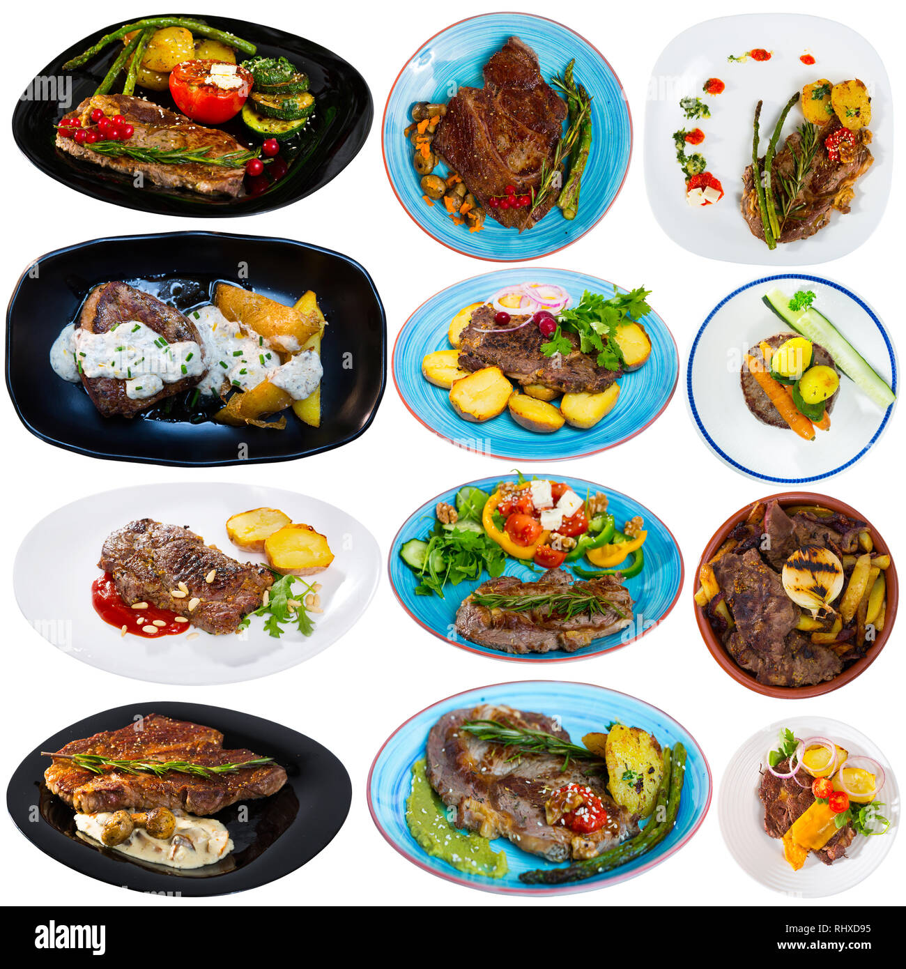 Set of various appetizing dishes from beef isolated on white background ...