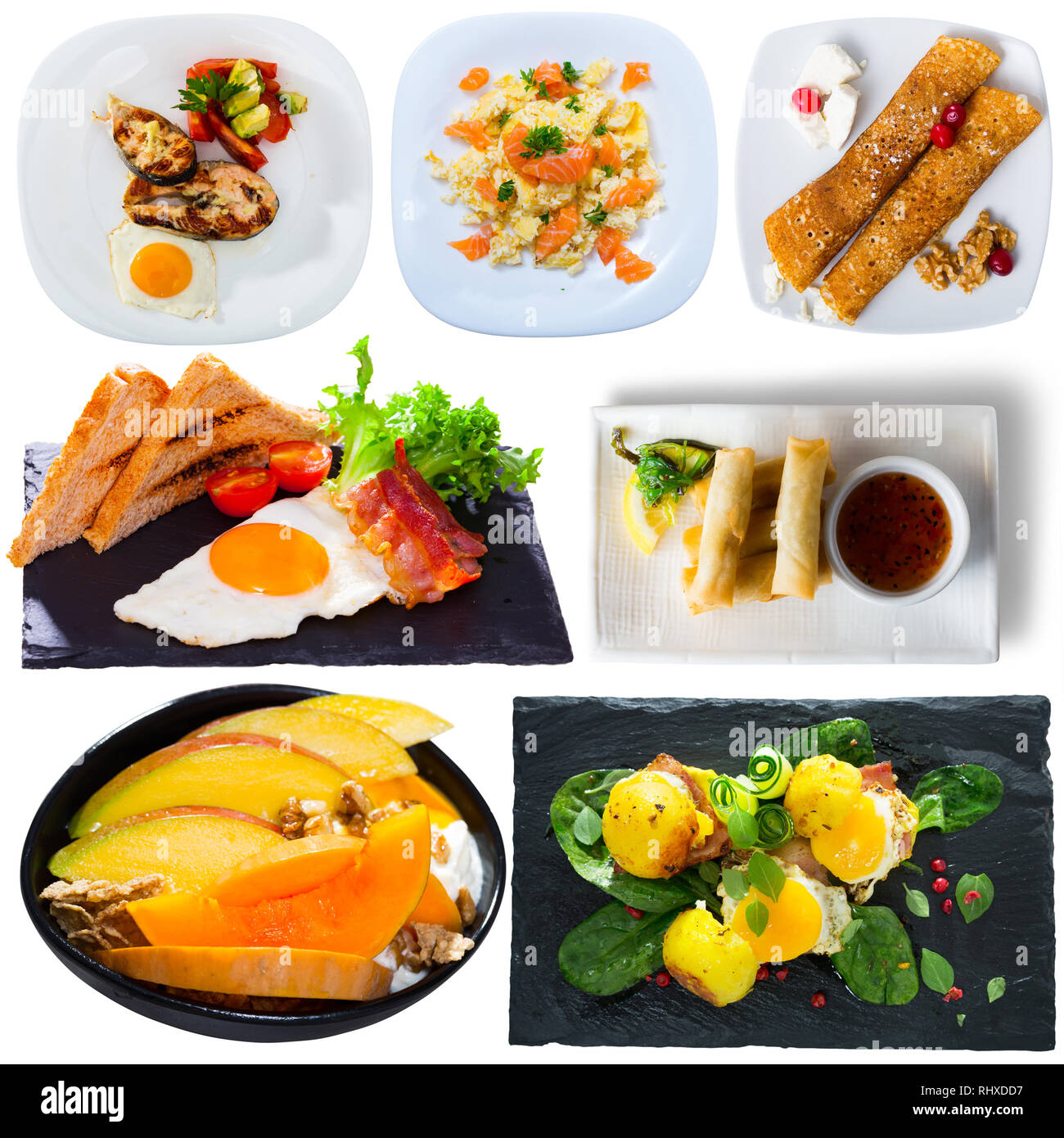 Collection of restaurant and homemade breakfasts on white background ...