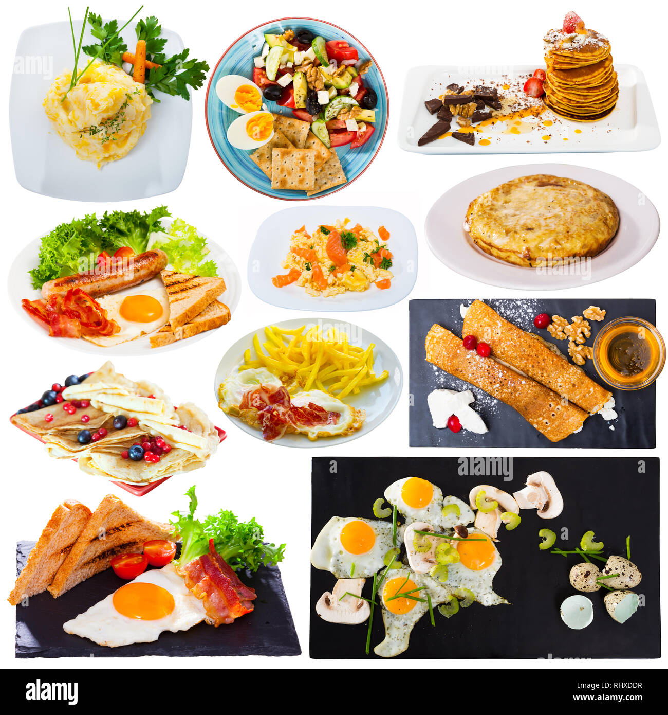 Set of various breakfasts served on plates, bowls and slates on white ...