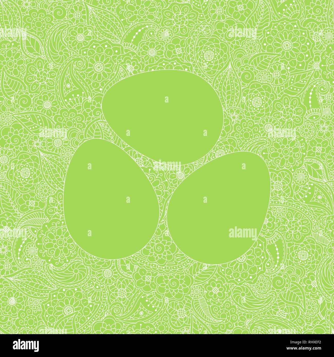 Vector seamless doodle background. Easter invitation card in three eggs shape. Floral Easter ...