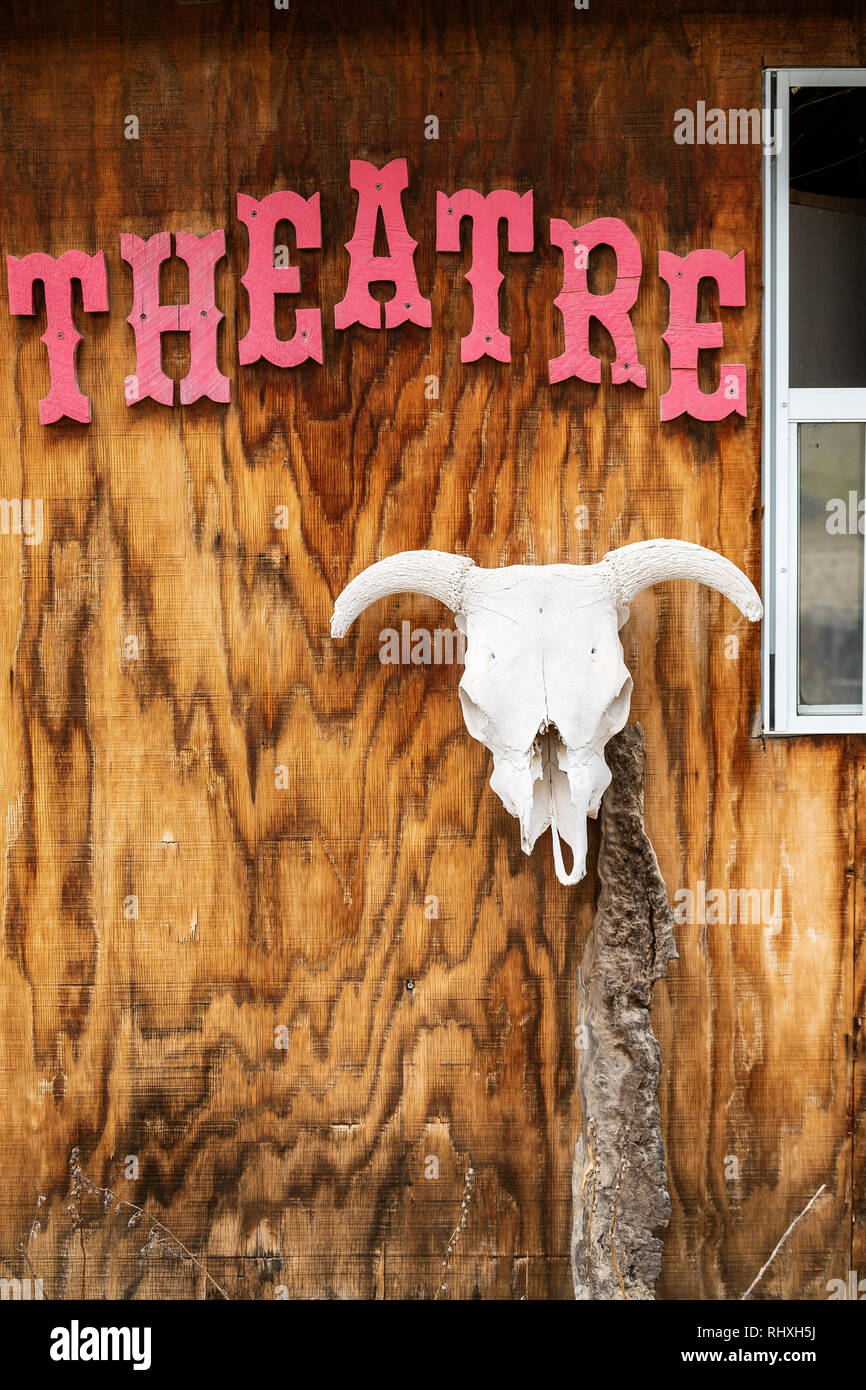 Old Theatre sign and sheep skull on an old building in Elizabethtown ...