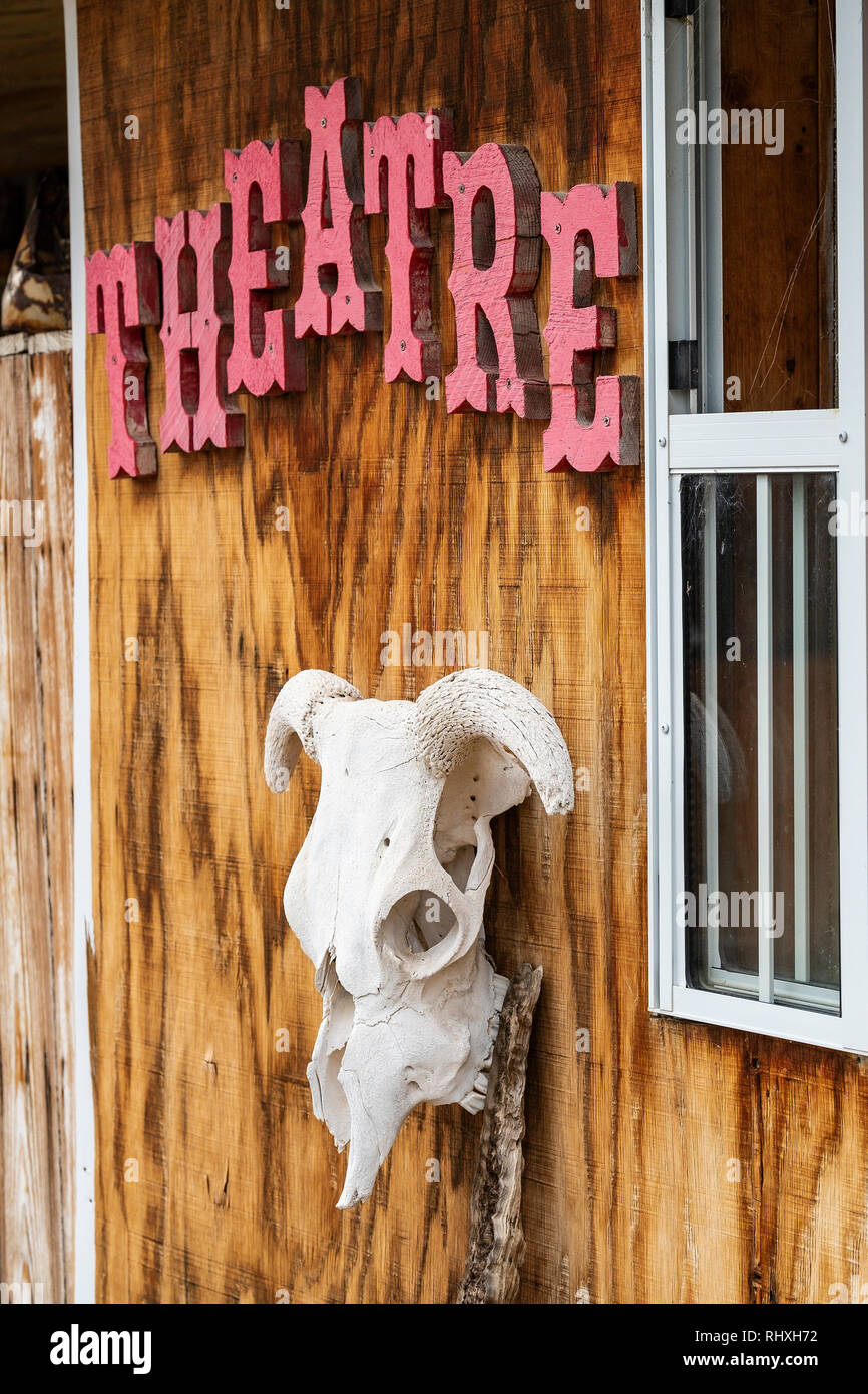 Old Theatre sign and sheep skull on an old building in Elizabethtown ...
