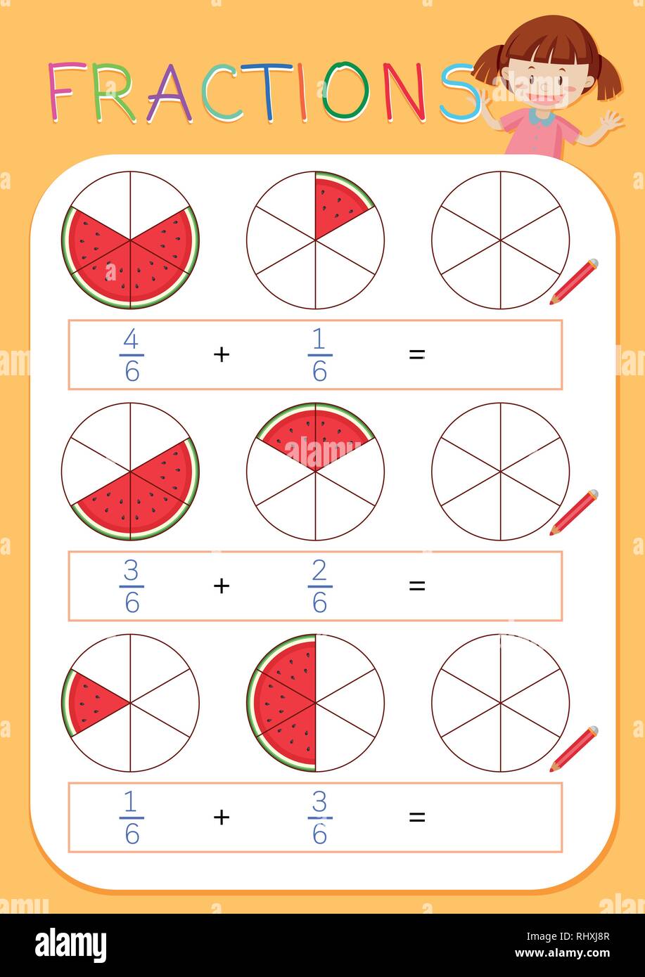 A math fractions worksheet illustration Stock Vector Image & Art - Alamy