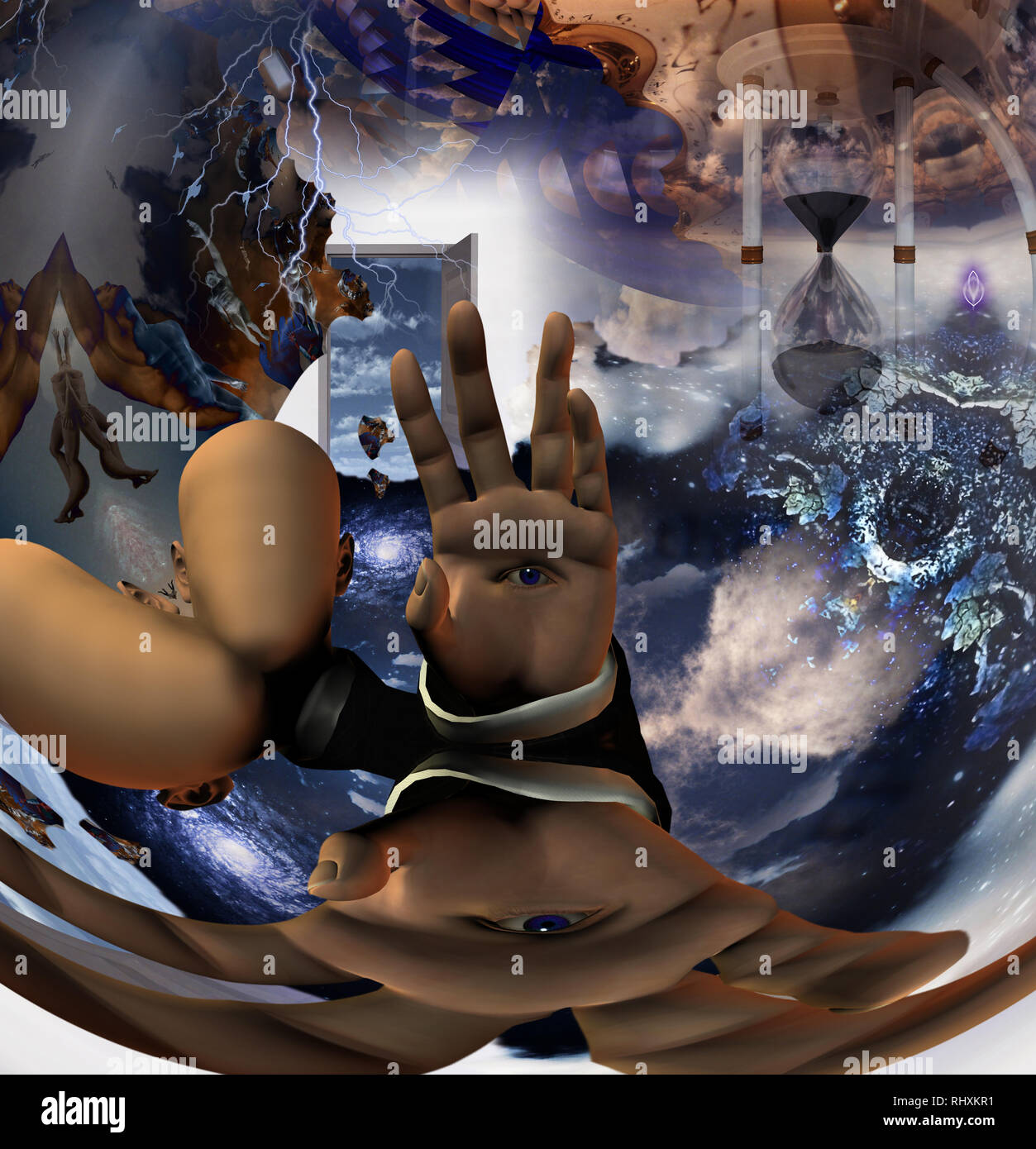 Hallucinogenic abstract. Faceless man with eye on his palm. 3D ...