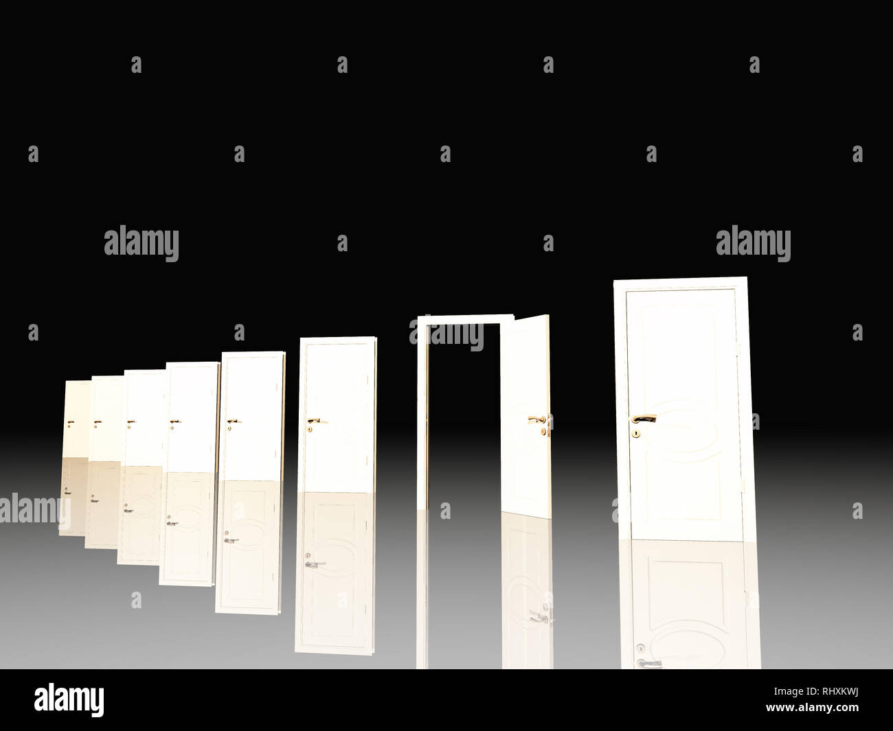 Single open door of several white door diagonally receding Stock Photo ...