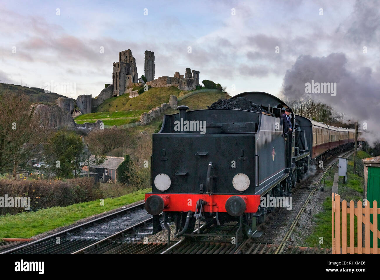 Corfe Castle, steam train, Dorset, England, United Kingdom Stock Photo ...