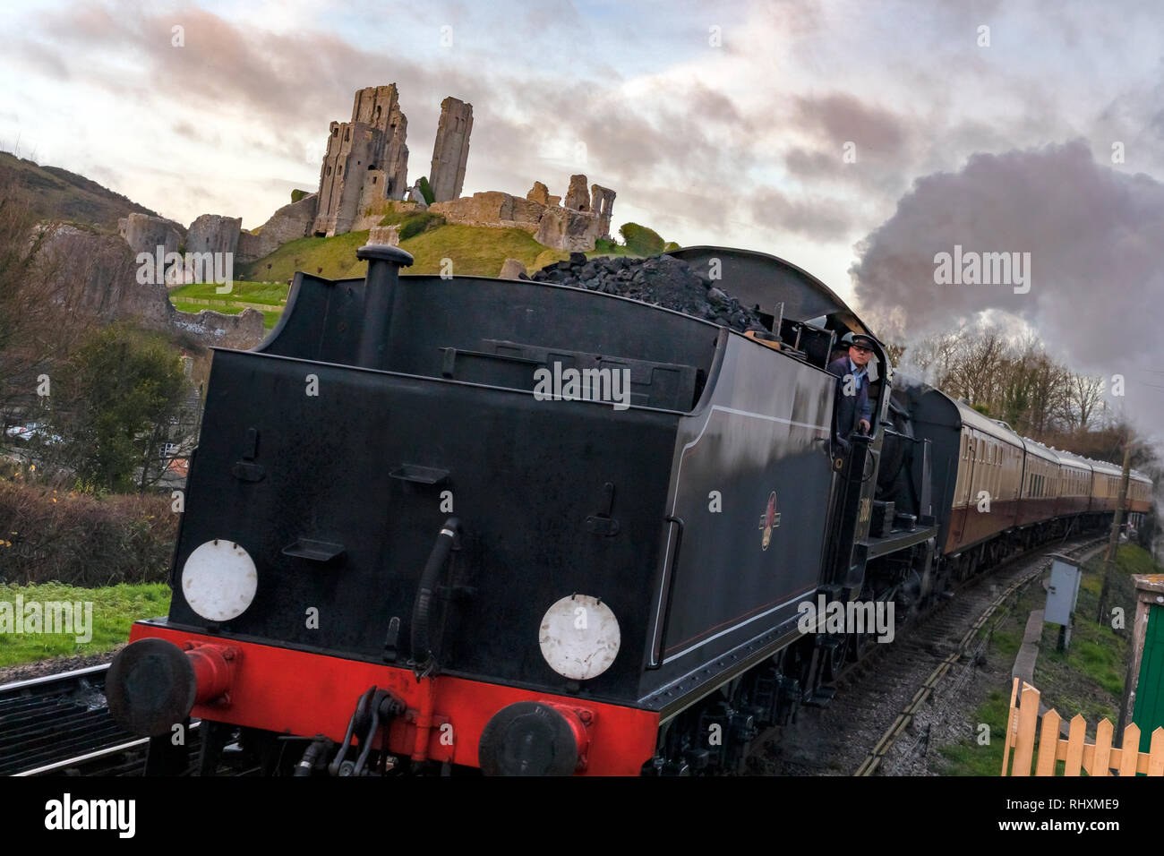 Corfe Castle, steam train, Dorset, England, United Kingdom Stock Photo ...