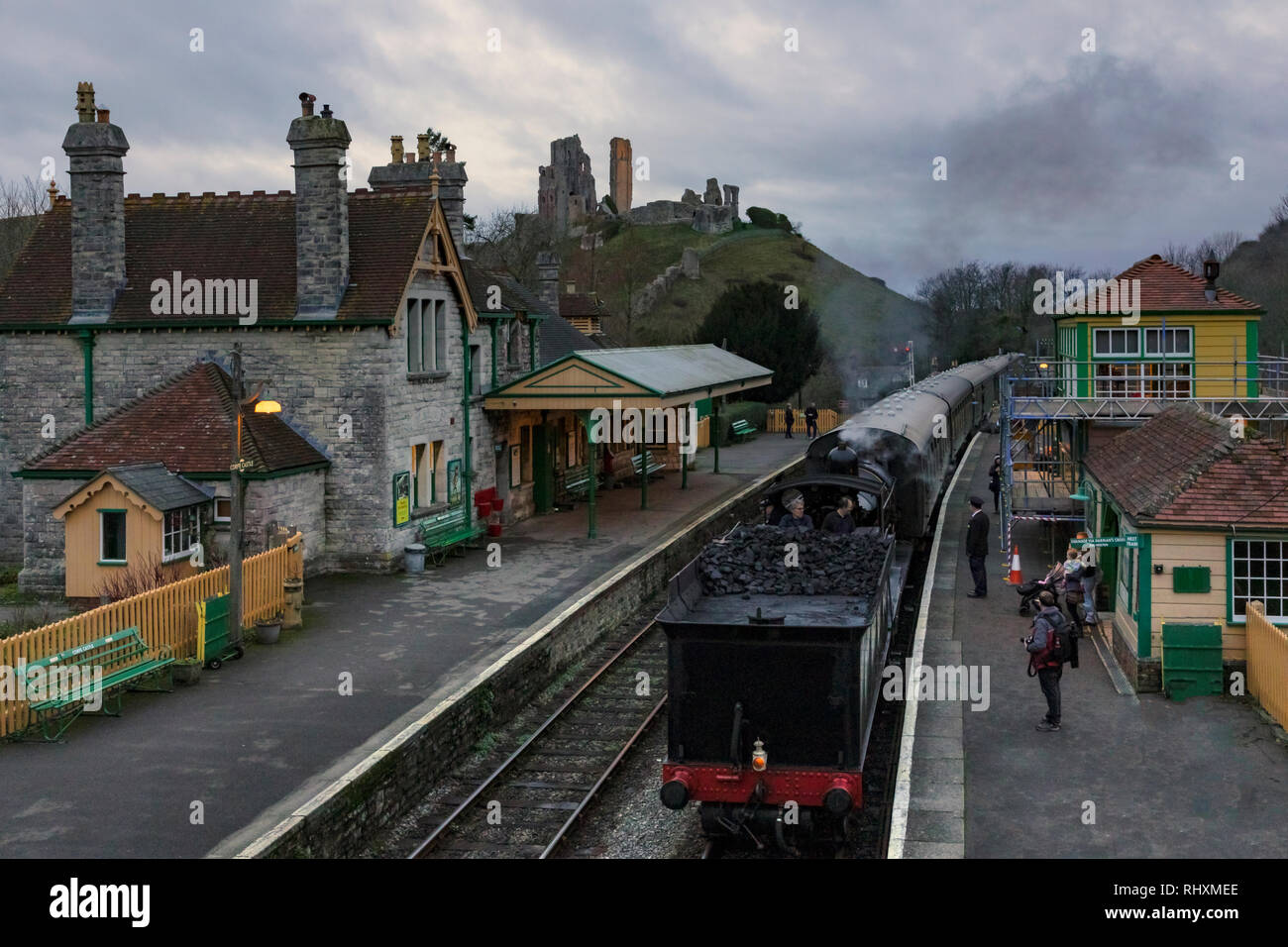 Corfe Castle, steam train, Dorset, England, United Kingdom Stock Photo ...