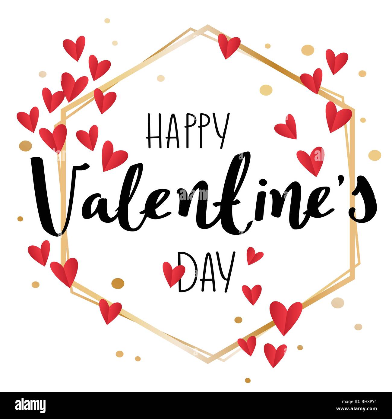 Gold polygon with paper hearts and handwritten text. Happy Valentine s ...