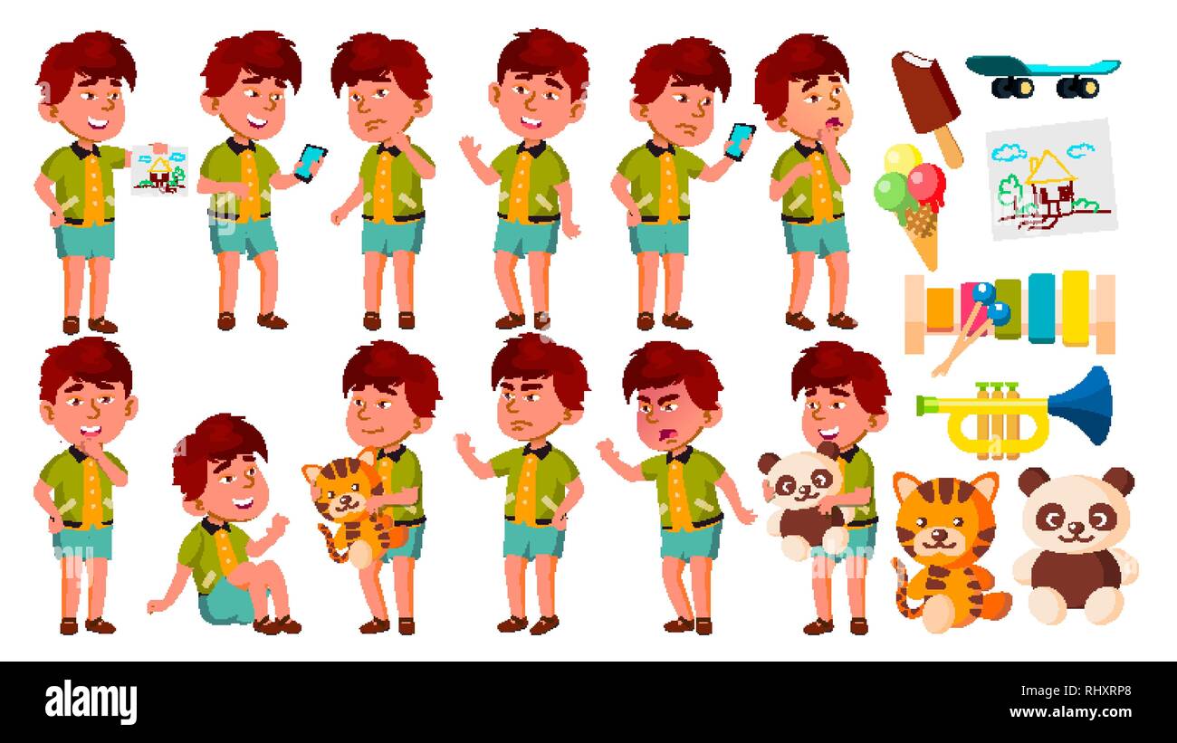 Asian Boy Kindergarten Kid Poses Set Vector. Active, Joy Preschooler ...