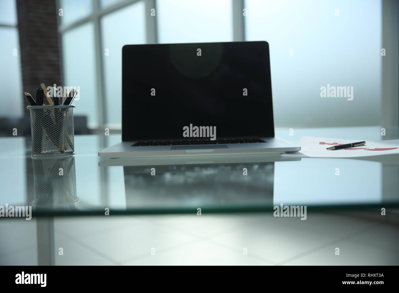 open laptop on Desk in empty office .photo with copy space Stock Photo ...
