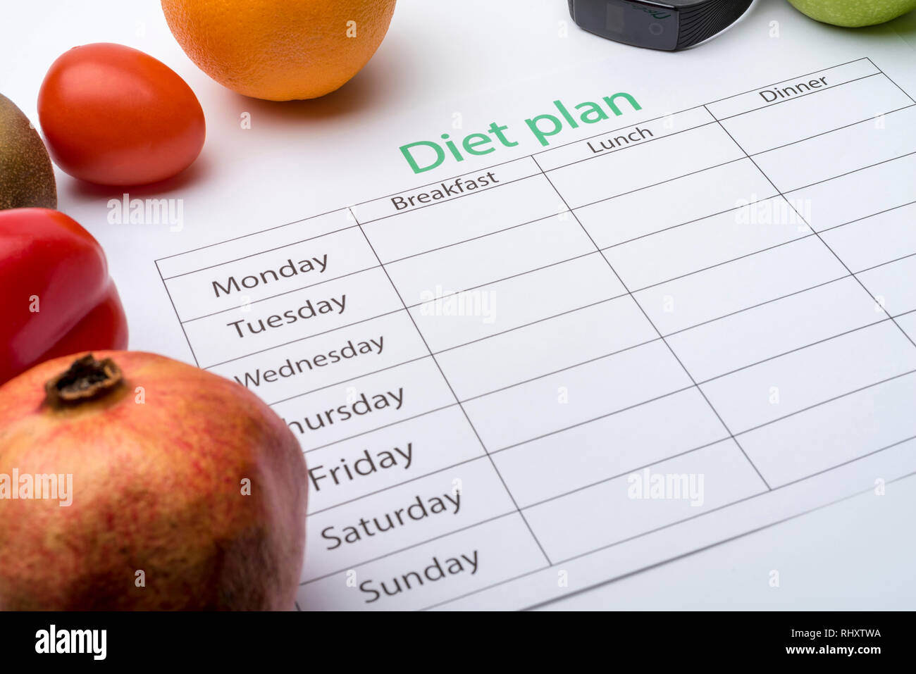 Diet plan sheet and fresh food on white background. Top view, the ...