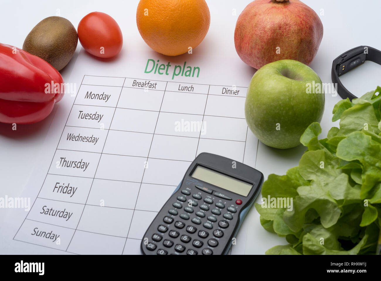 Diet plan sheet and fresh food on white background. Top view, the ...