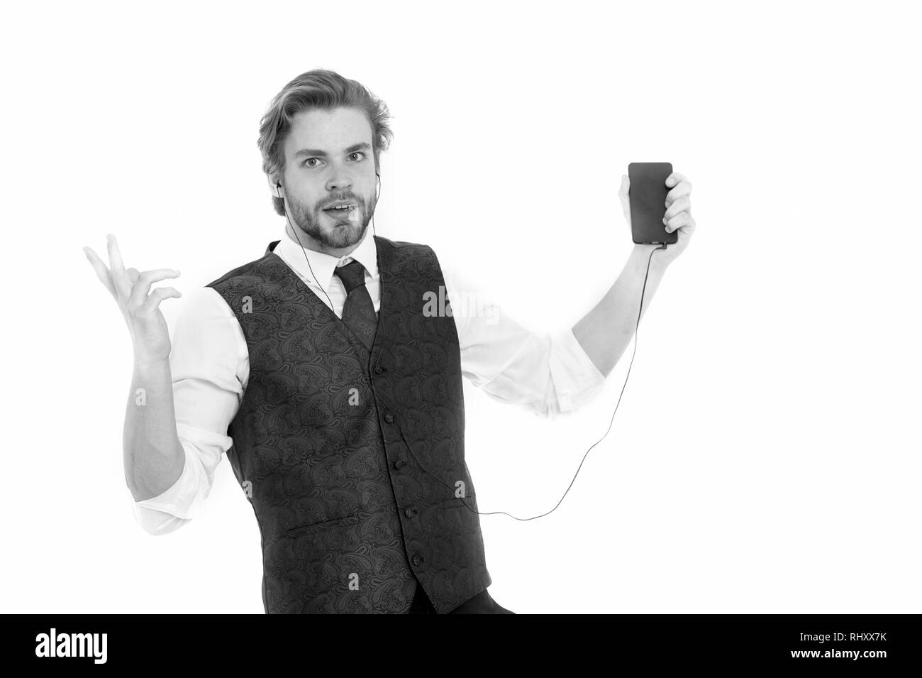 Fashion and new technology. Manager with beard on inspired face. Man in ...