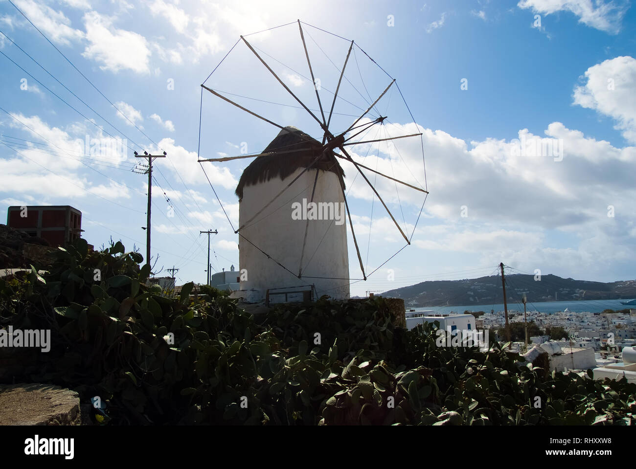 Windmill in Mykonos, Greece. Windmill on mountain landscape by sea ...