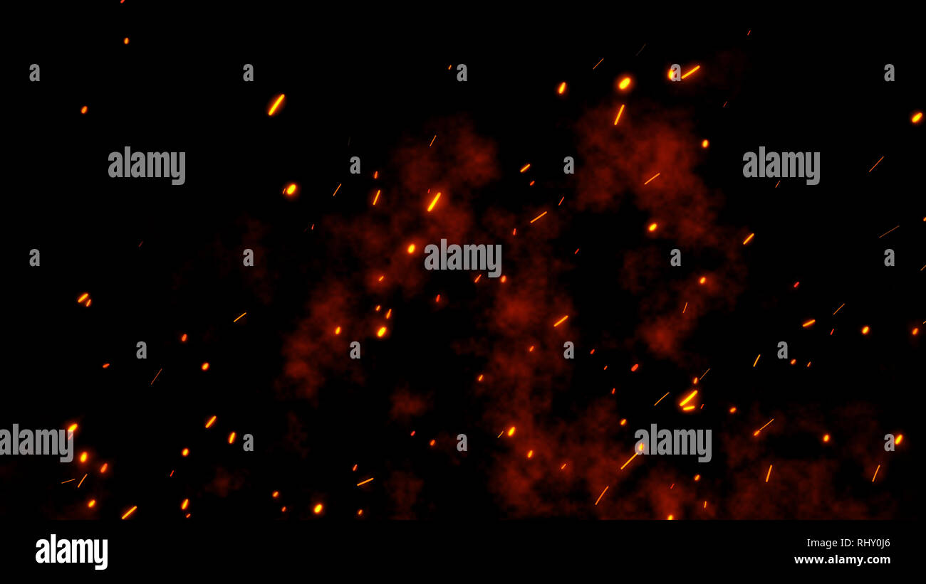 Burning glowing red hot sparks, embers fly from large fire in the night ...