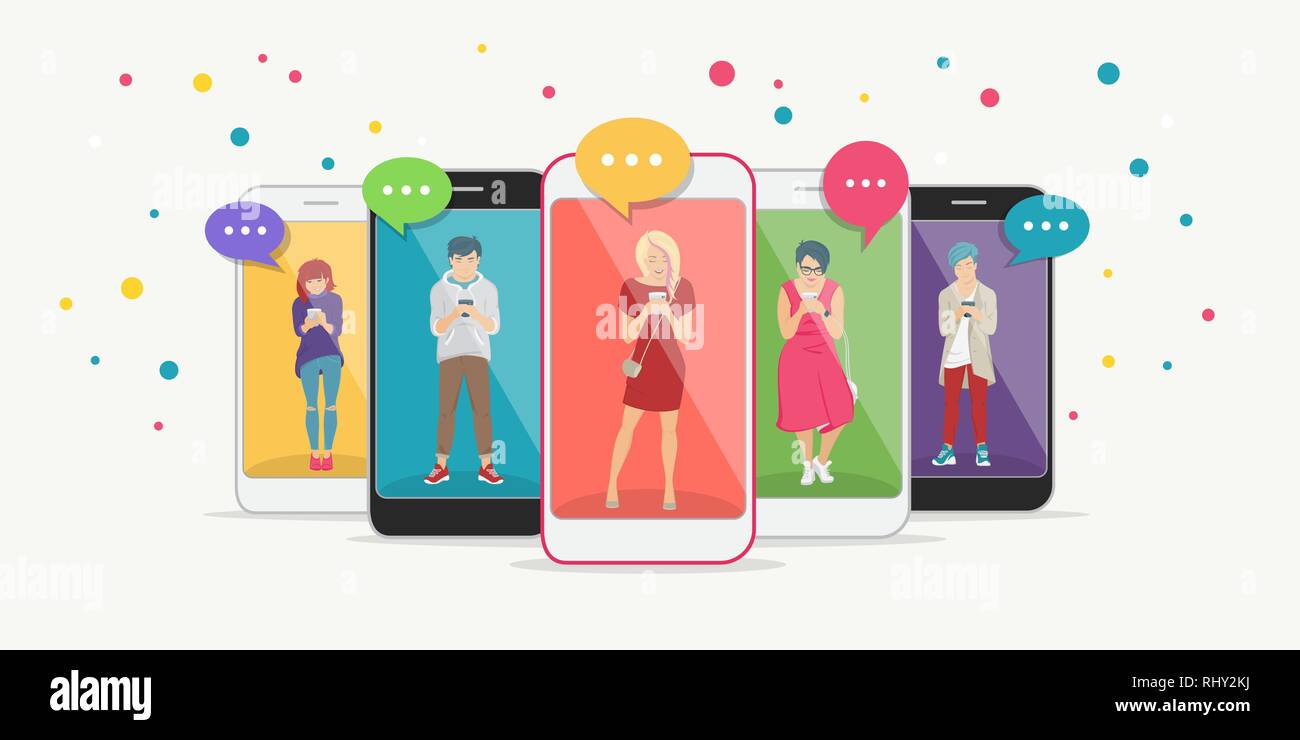 Smart phone addiction concept flat vector illustration of teenagers ...
