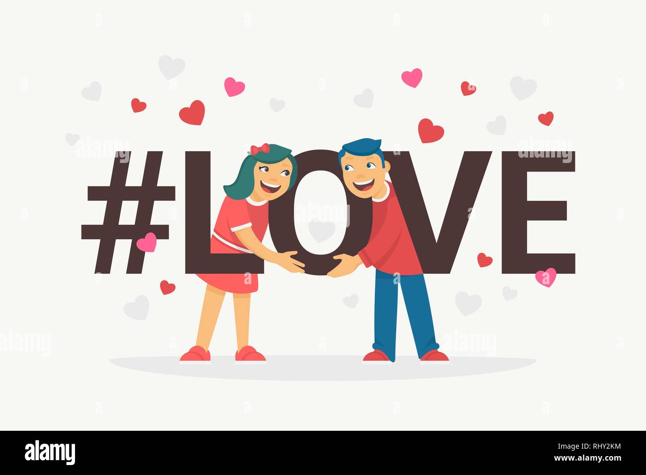 Hashtag love concept flat vector illustration of young boy and girl ...
