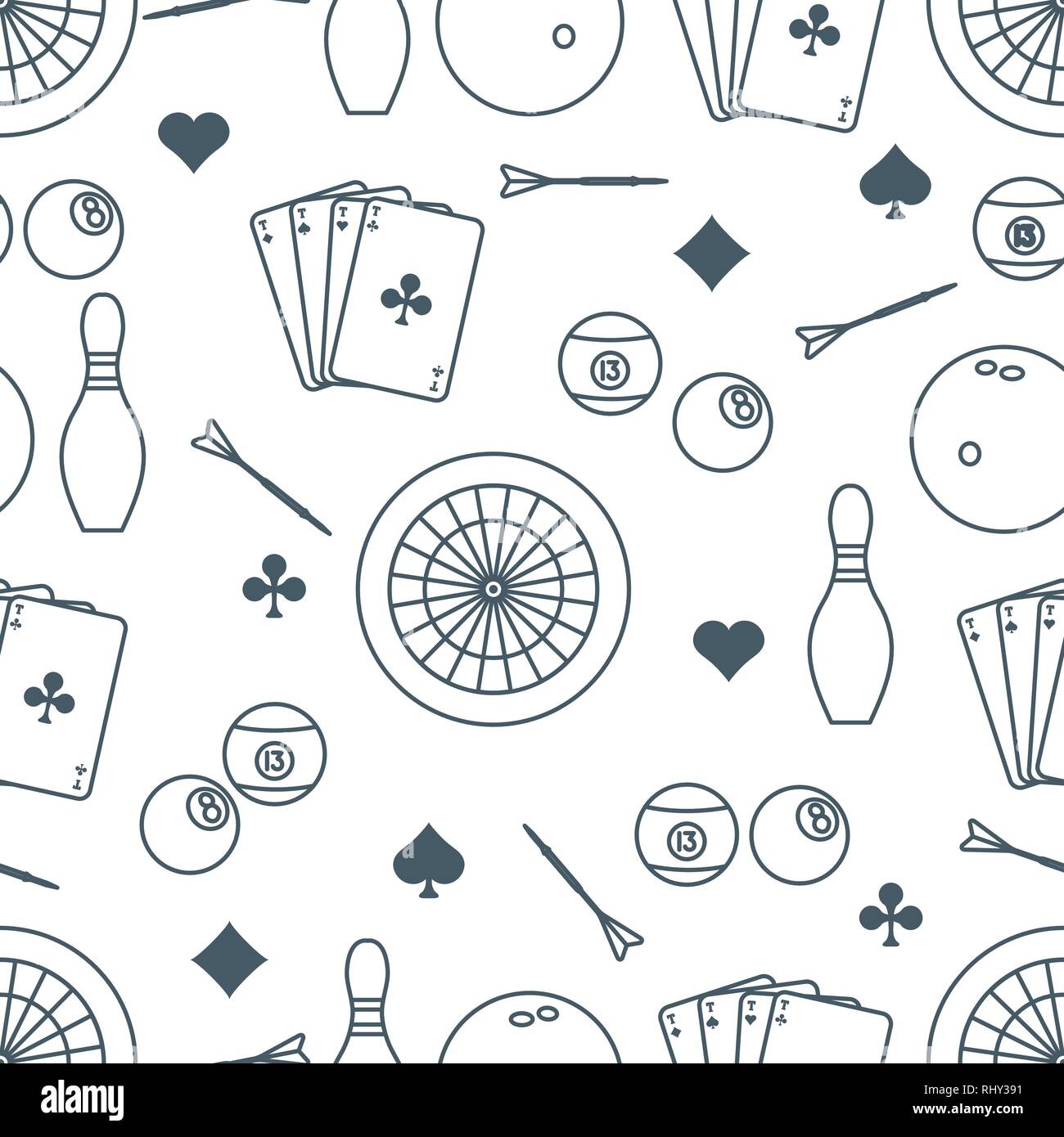 Seamless pattern with bowling pins and bowls, target and arrows for ...