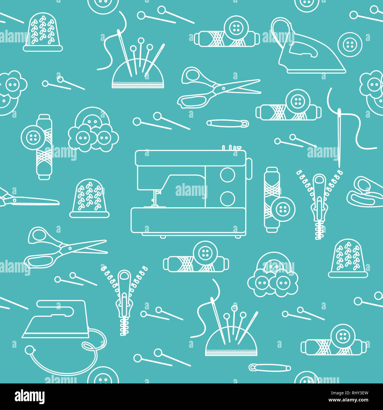 Seamless pattern with zipper, needles, thimble, pins, threads, buttons ...