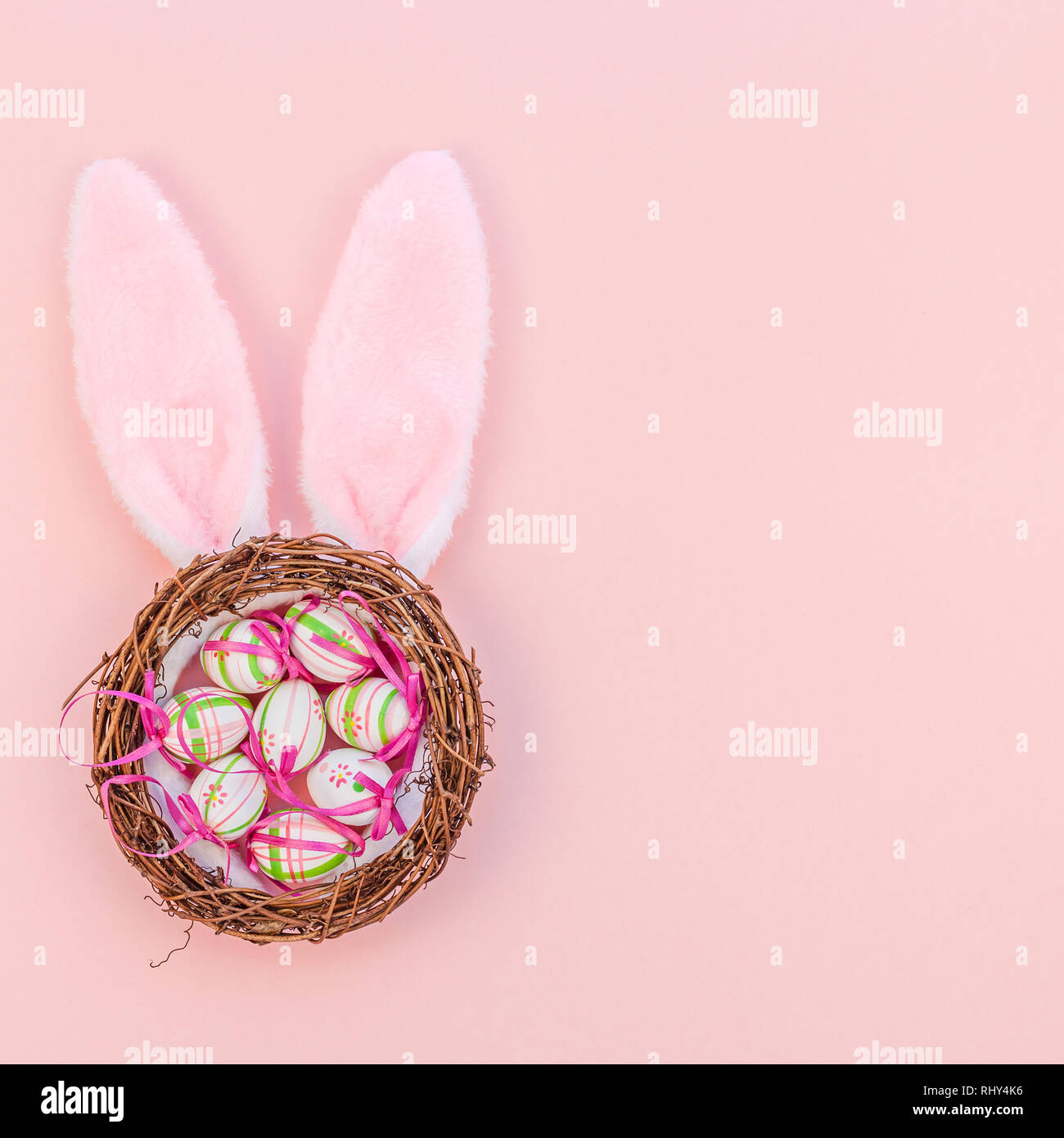 Creative Top view flat lay holiday composition Easter eggs bunny ears ...