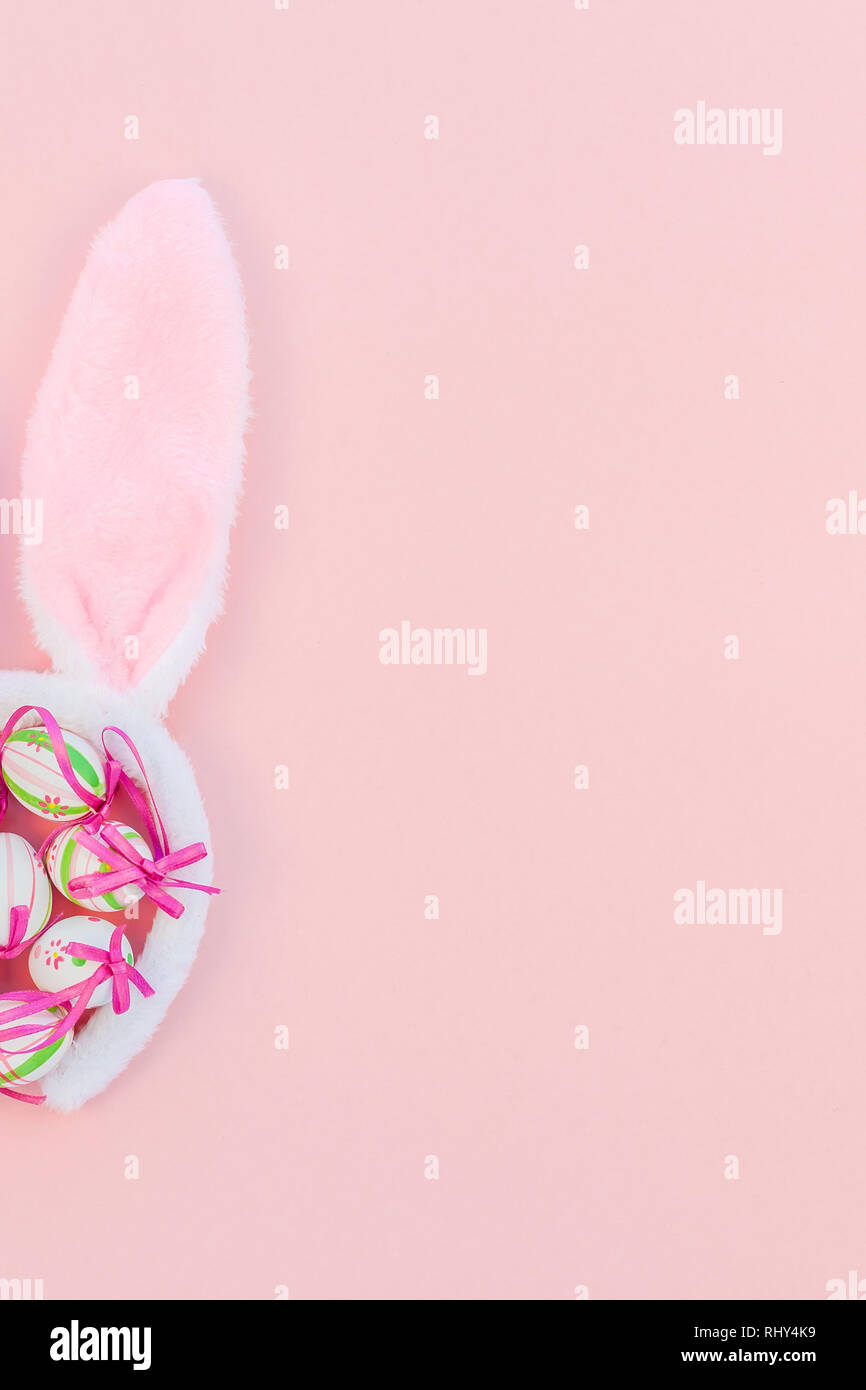 Creative Top view flat lay holiday composition Easter eggs bunny ears ...