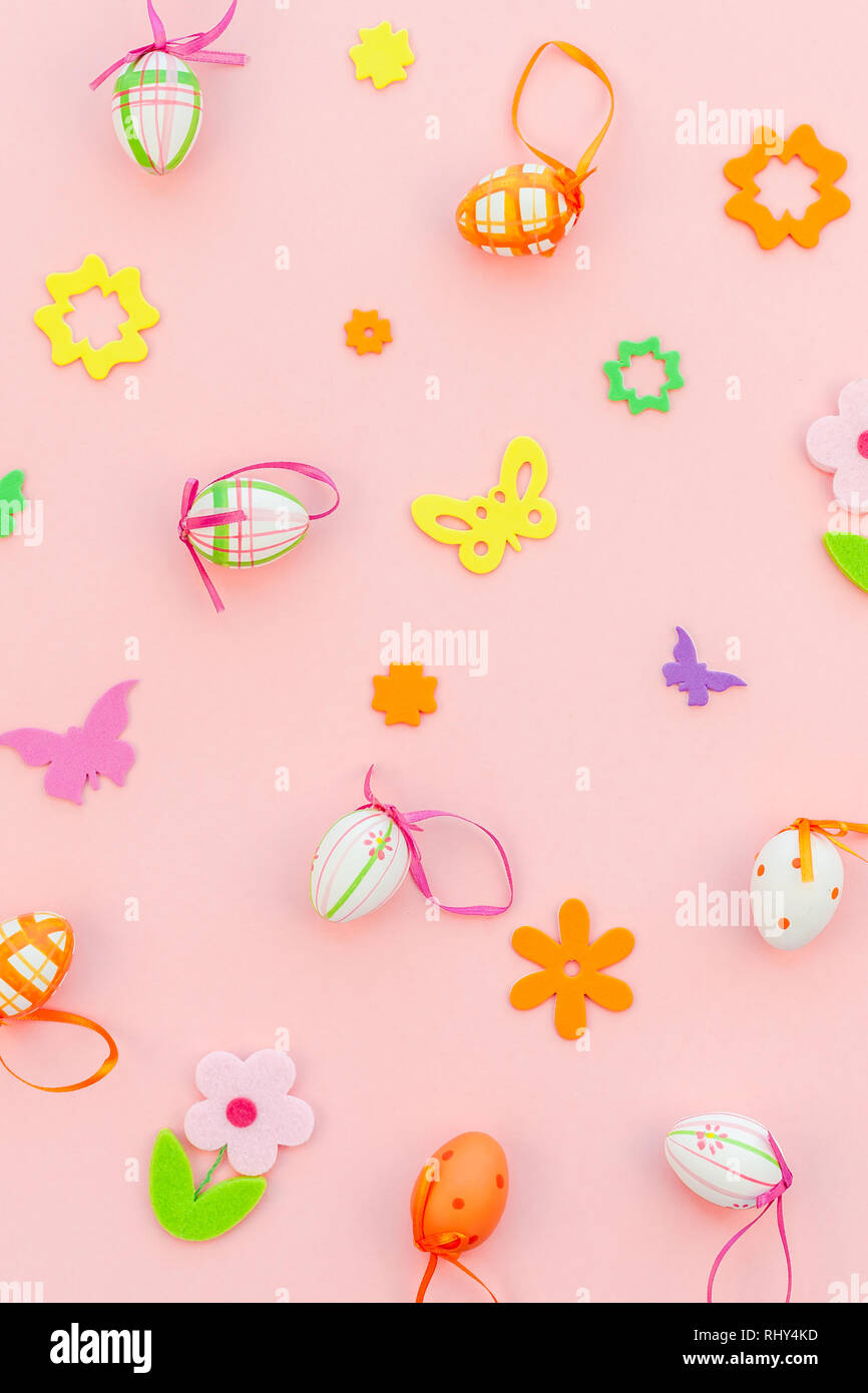 Creative Top view flat lay holiday composition Easter eggs spring ...