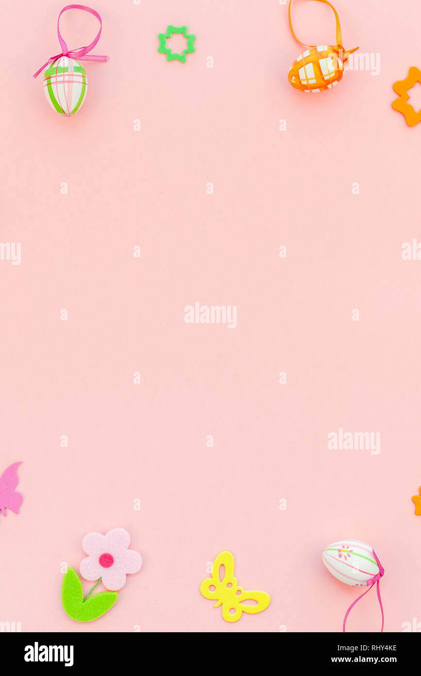 Creative Top view flat lay holiday composition Easter eggs spring ...