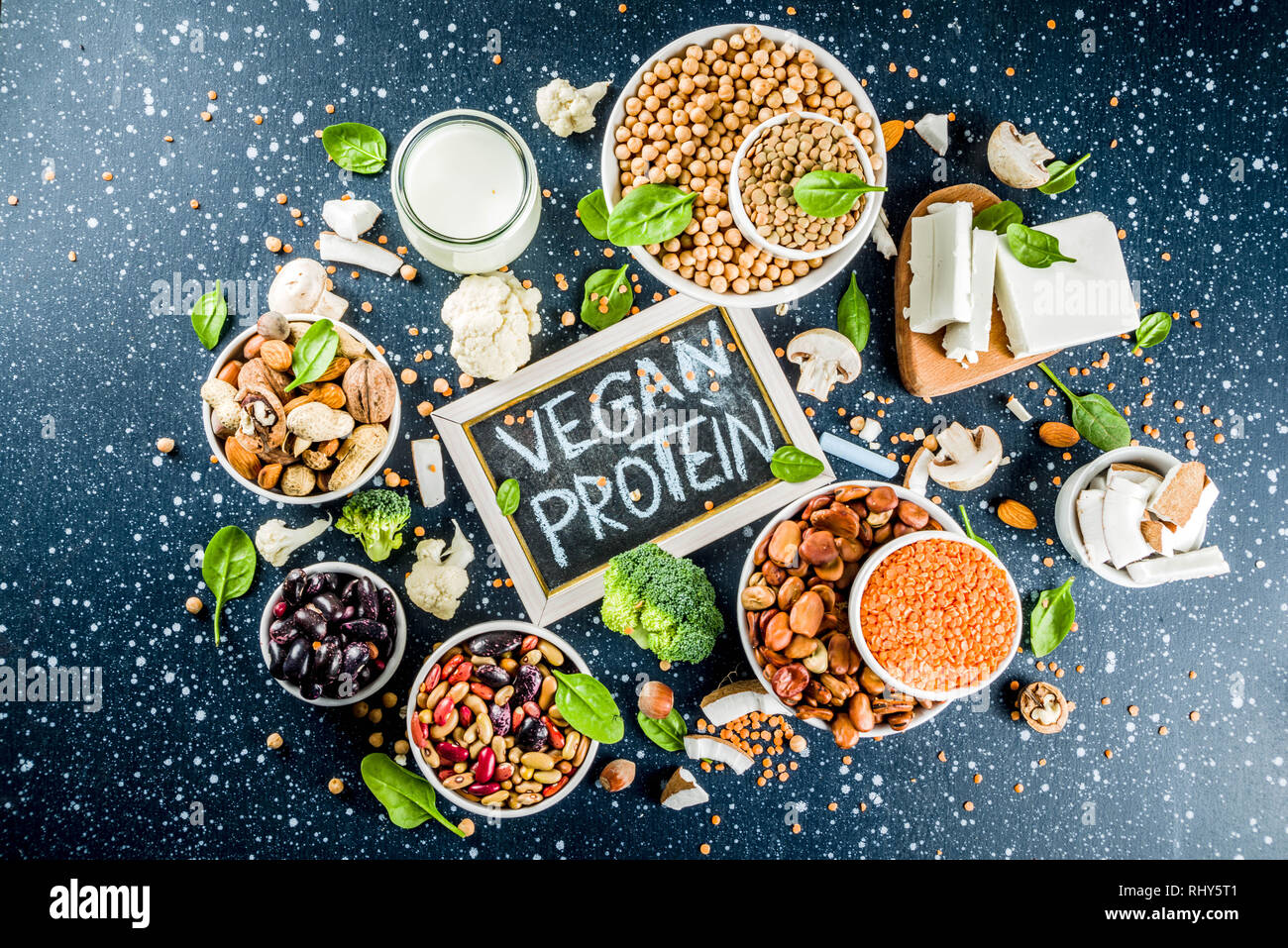 Healthy plant vegan food, veggie protein sources: Tofu, vegan milk ...