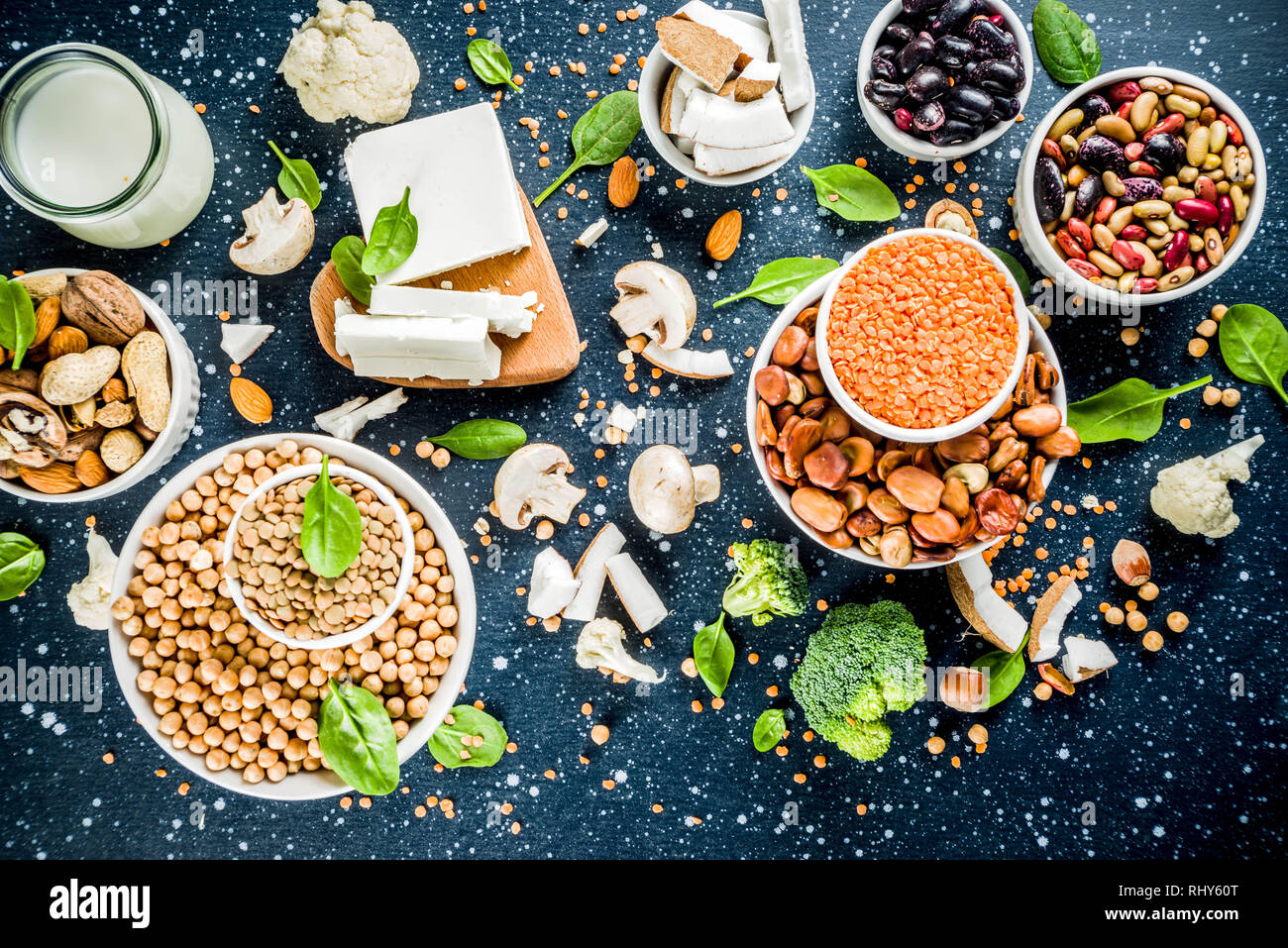 Healthy plant vegan food, veggie protein sources: Tofu, vegan milk ...