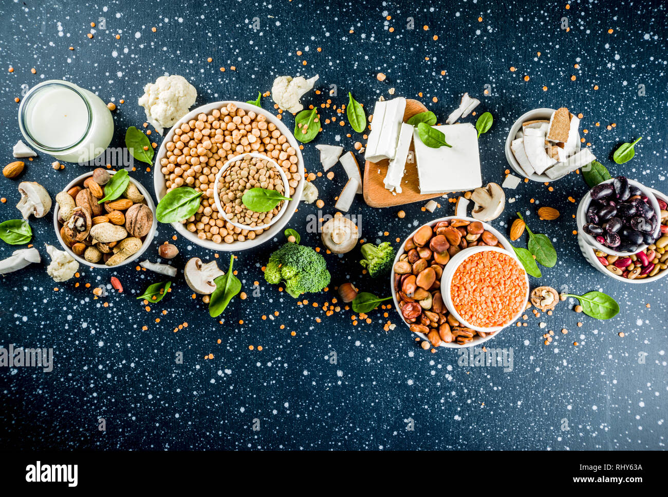 Healthy plant vegan food, veggie protein sources: Tofu, vegan milk ...