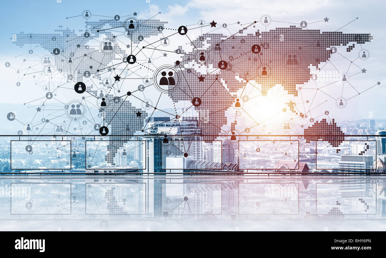 Concept of global communication and networking with world map over ...