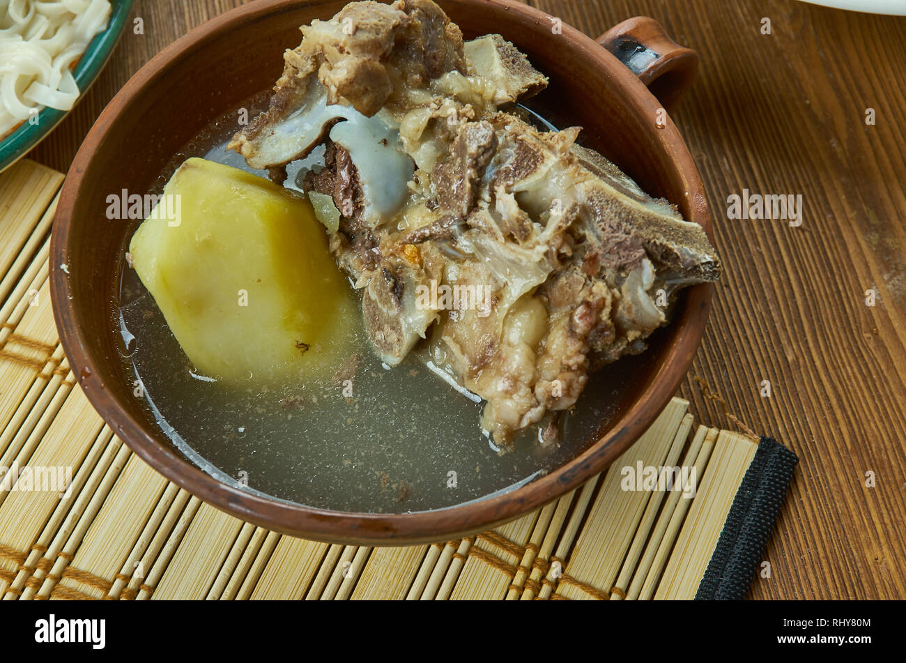 Shorpo , aromatic meat broth, Kyrgyz cuisine, Traditional assorted ...