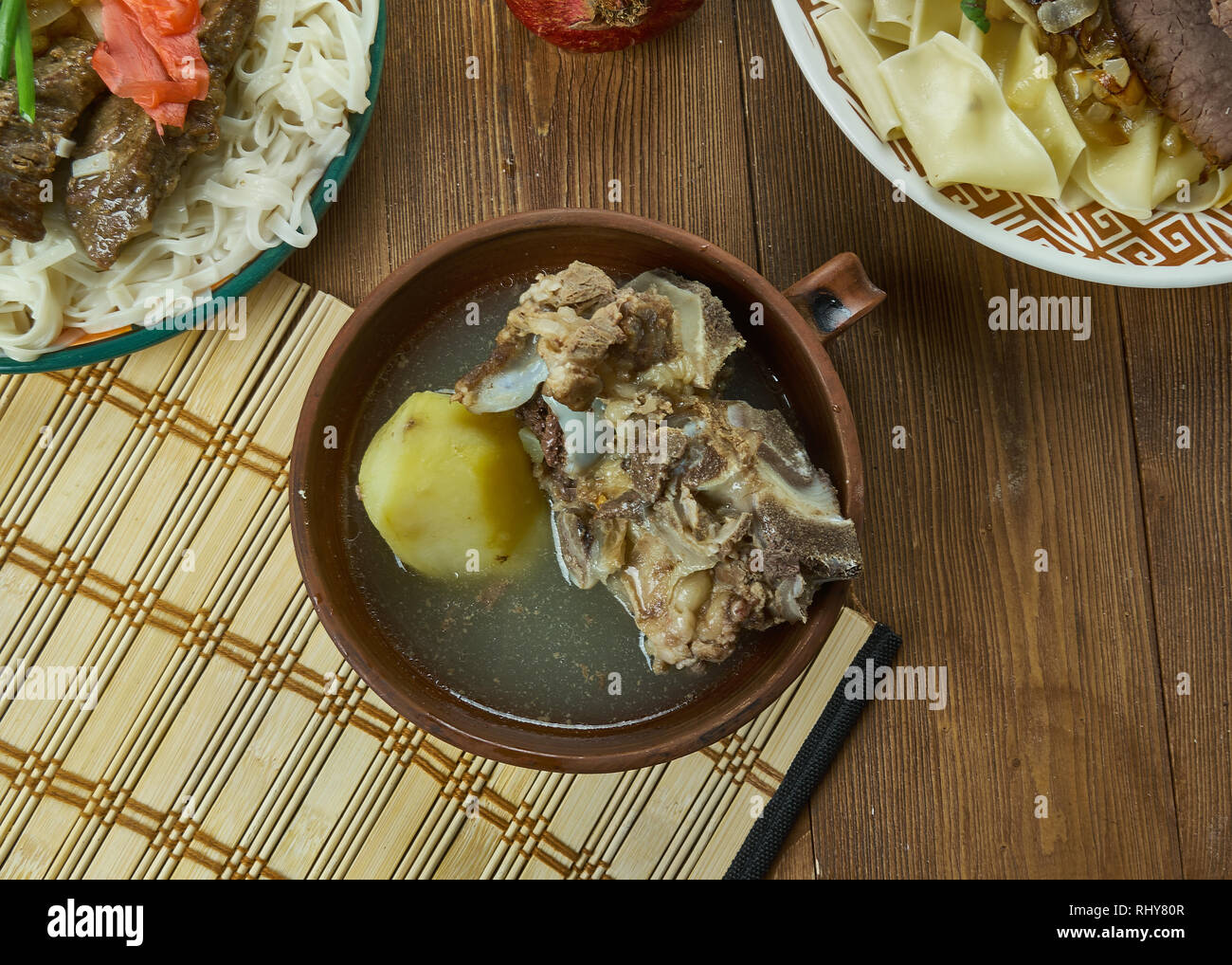 Shorpo , aromatic meat broth, Kyrgyz cuisine, Traditional assorted ...