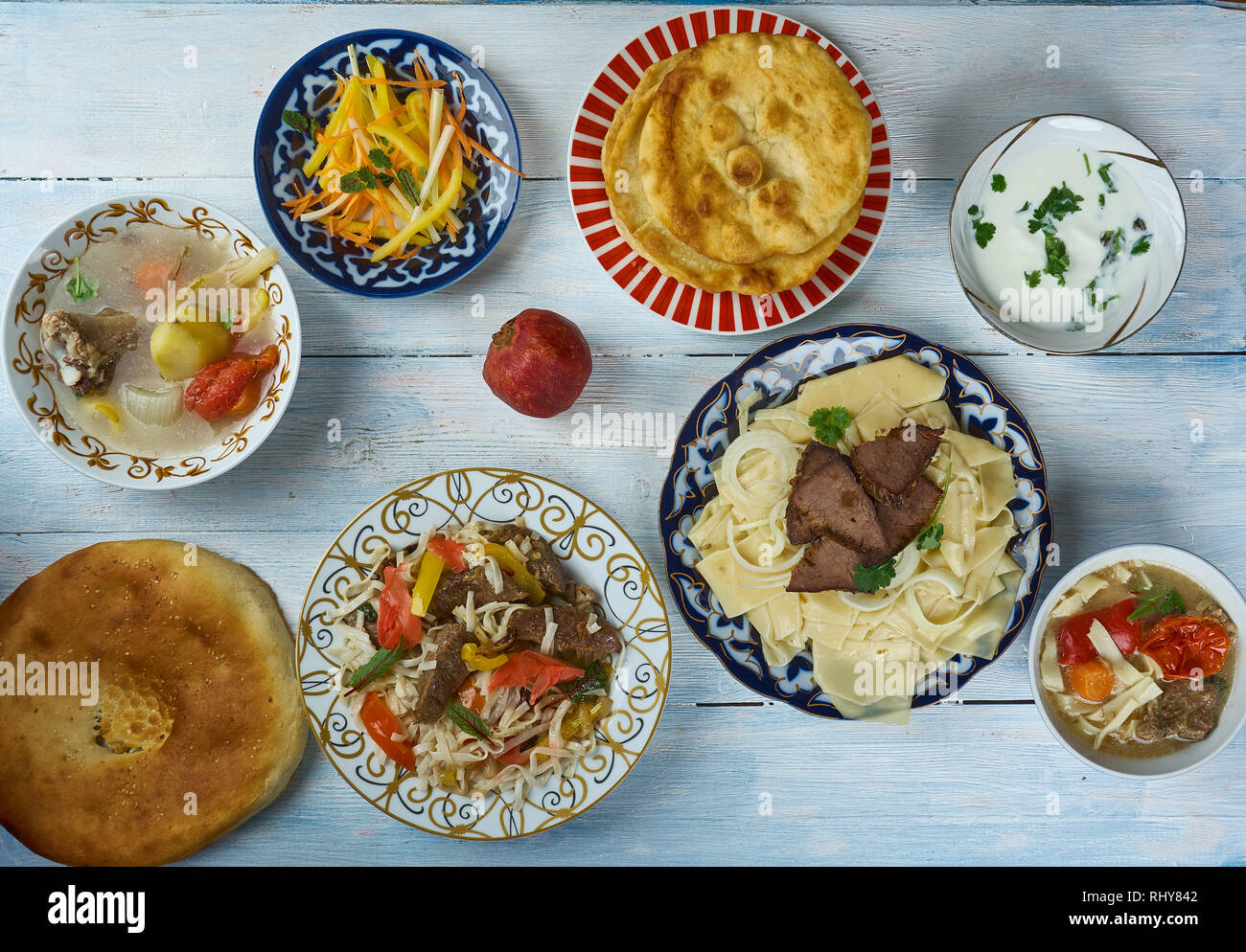 Kazakh cuisine, Traditional assorted dishes Kazakhstan, Top view Stock ...