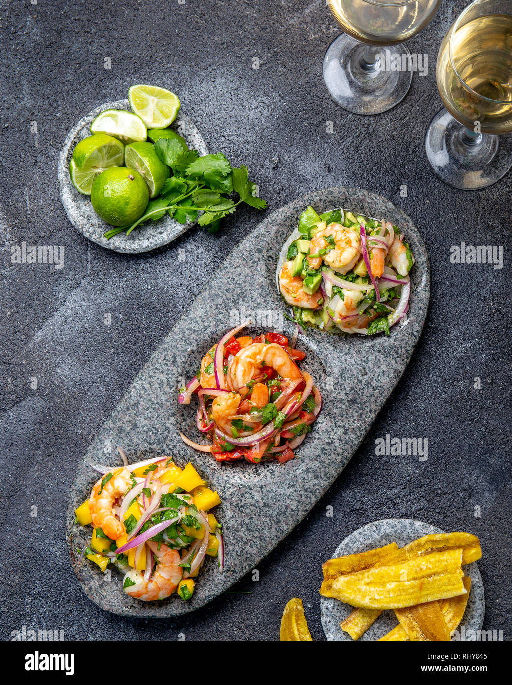 CEVICHE. Three colorful shrimps ceviche with mango, avocado and ...