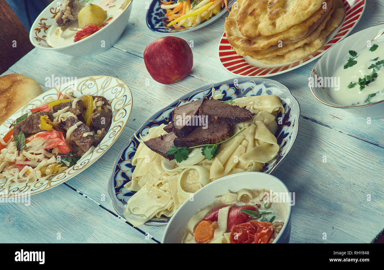 Kazakh cuisine, Traditional assorted dishes Kazakhstan, Top view Stock ...