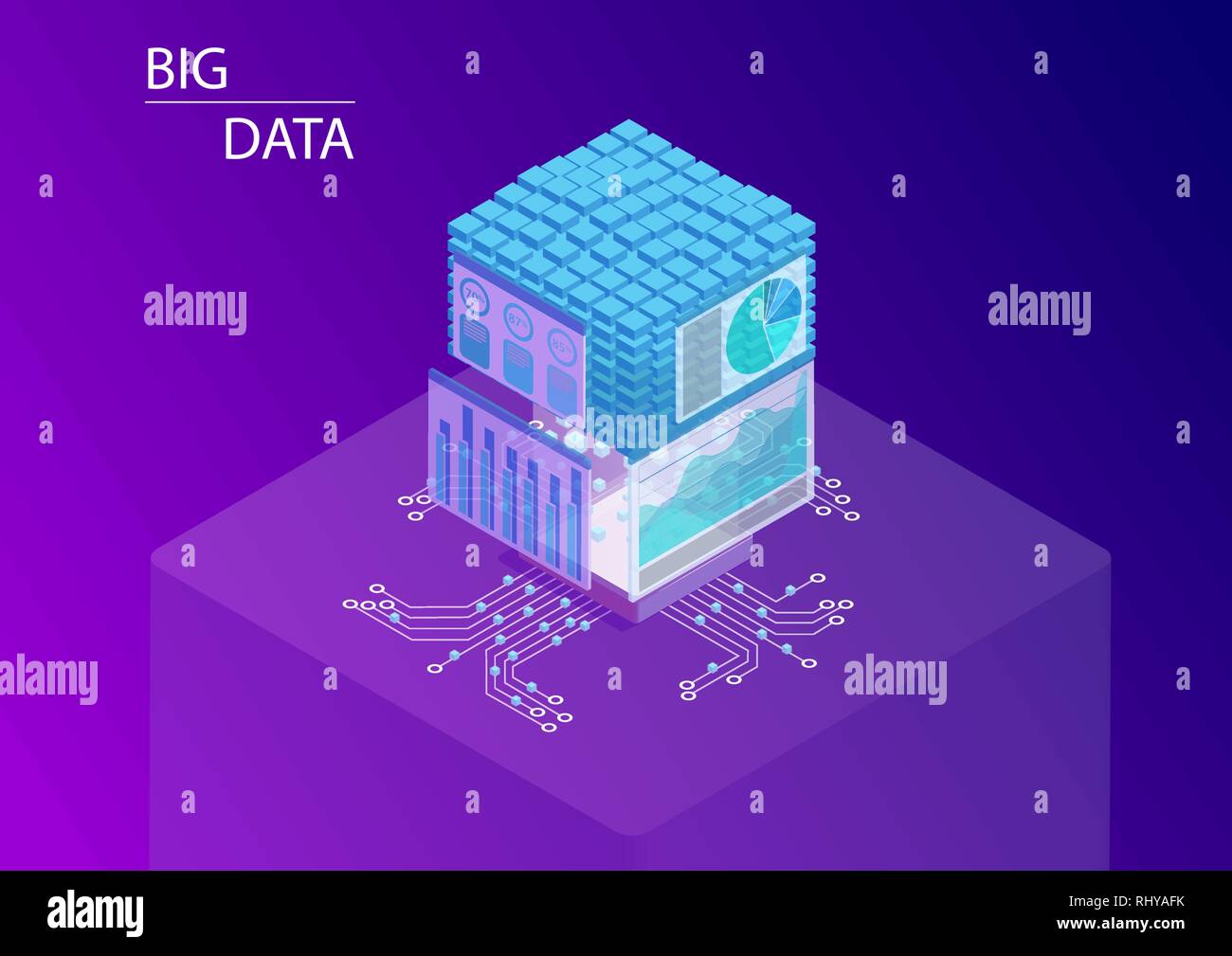 Big data and analytics concept with dashboards displaying information and data cube. 3d ...
