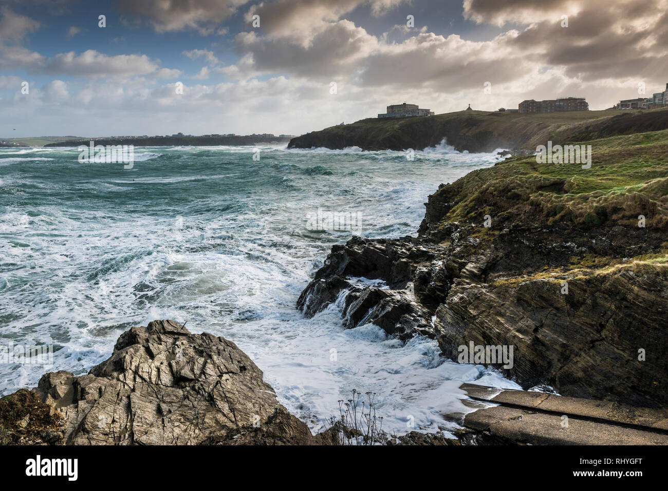 Rough sea and strong wind around the coast of Newquay Cornwall Stock ...
