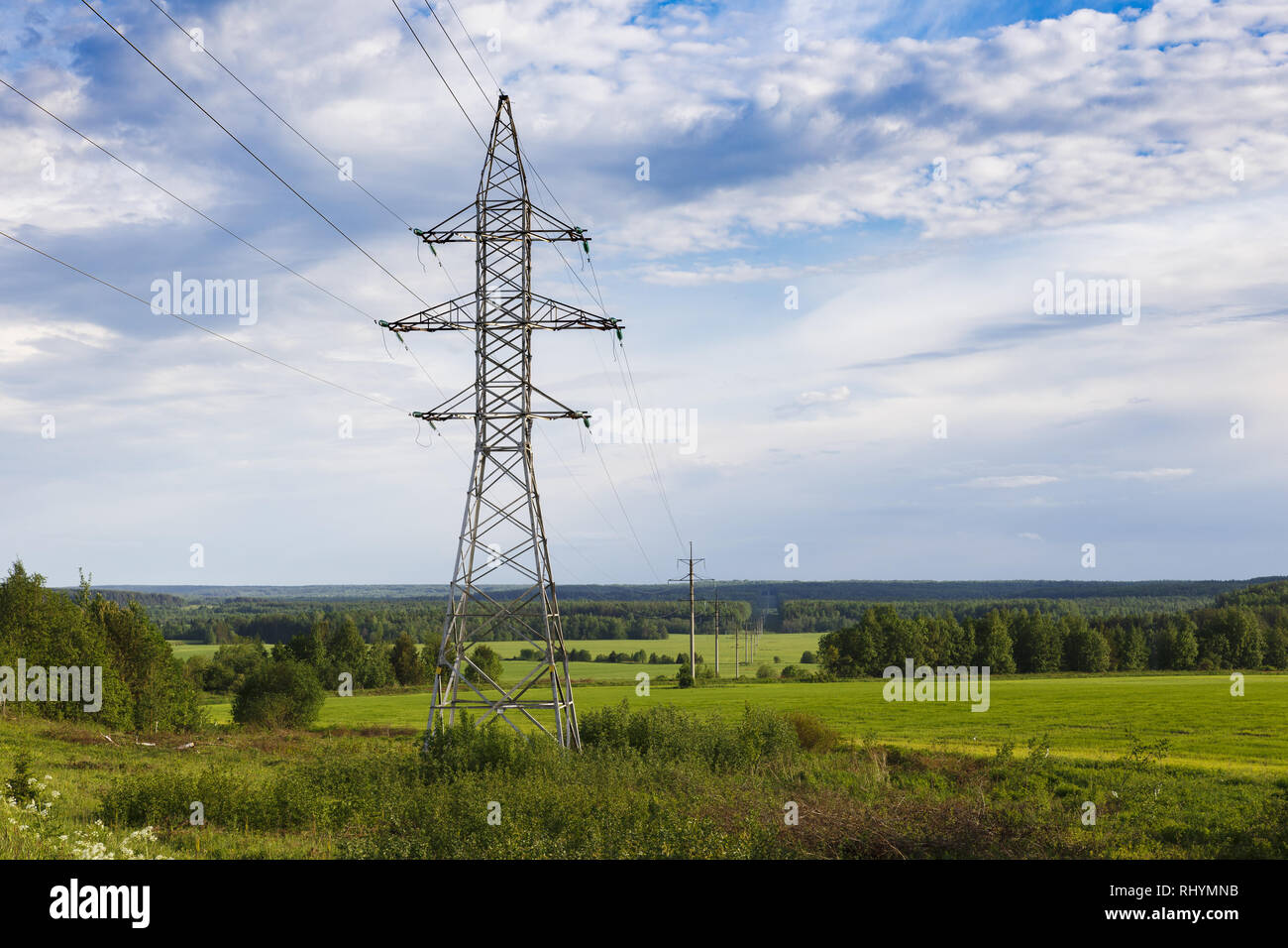 Support of high-voltage transmission line against the sky Stock Photo ...