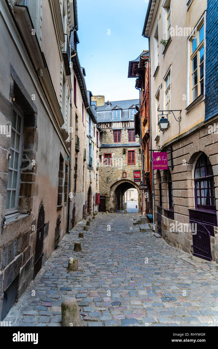 Rennes, France - July 23, 2018: Cobblestoned street in historic centre ...