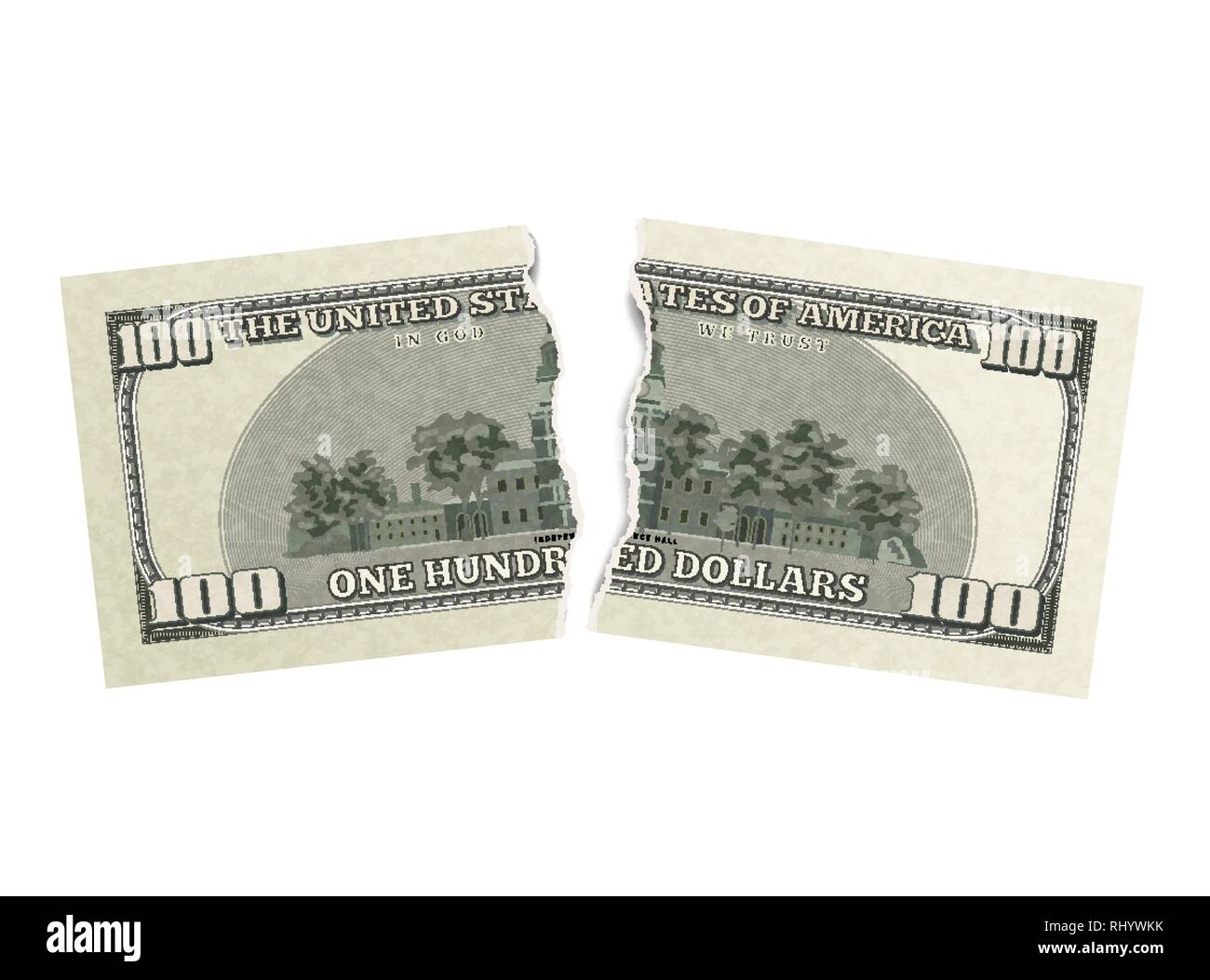 Fake one hundred USA dollars from back side, green banknote torn into ...