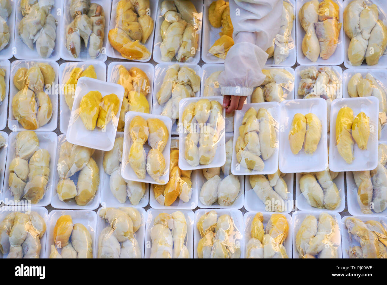 Hand picking peel and packed durians at market display. The durian look ...
