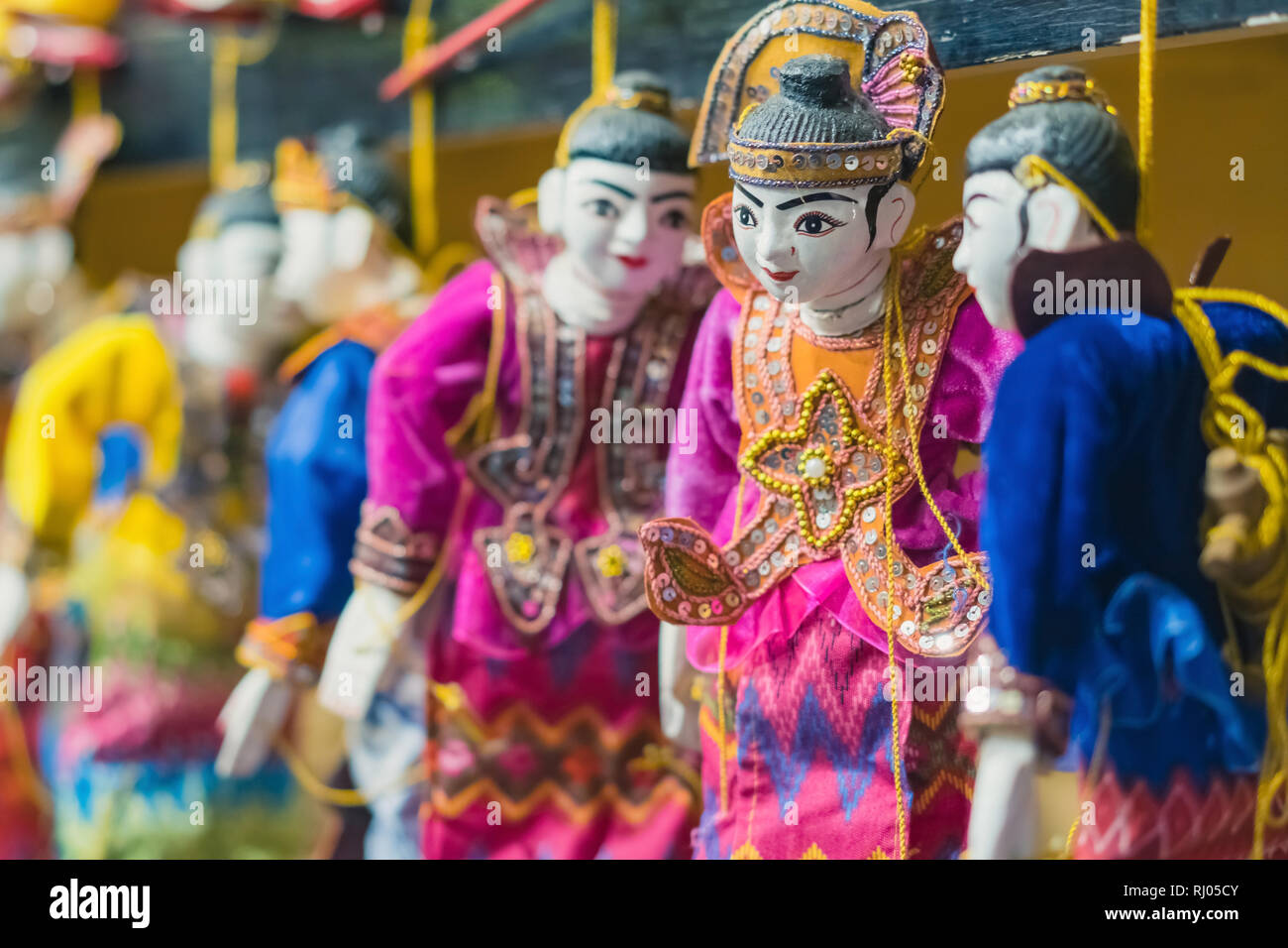 Traditional handicraft puppets for sale in the ancient pagoda in Bagan ...