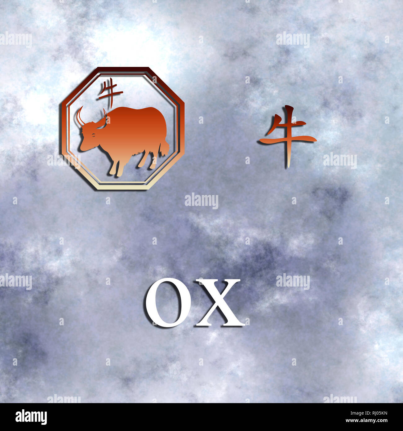 card with symbols of Chinese zodiac sign of the Ox Stock Photo - Alamy