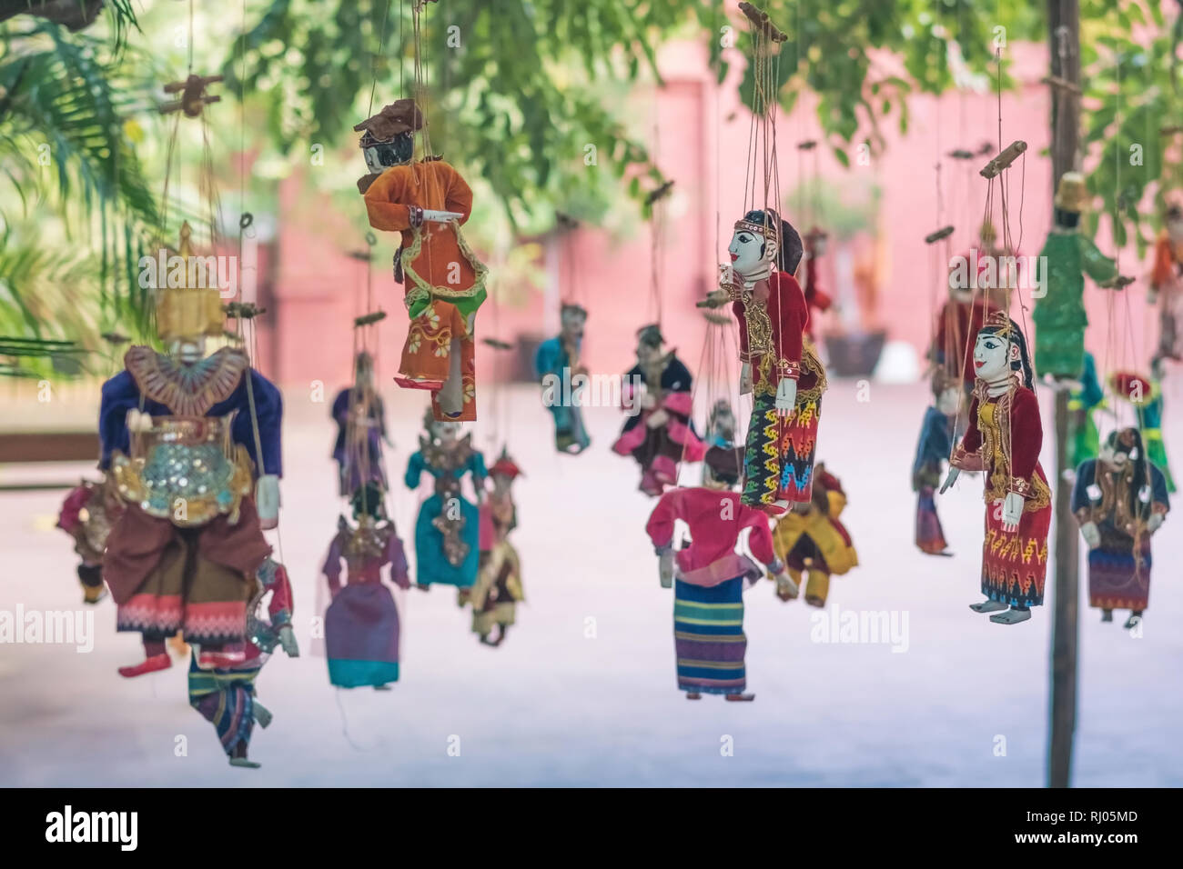 Traditional handicraft puppets for sale in the ancient pagoda in Bagan ...