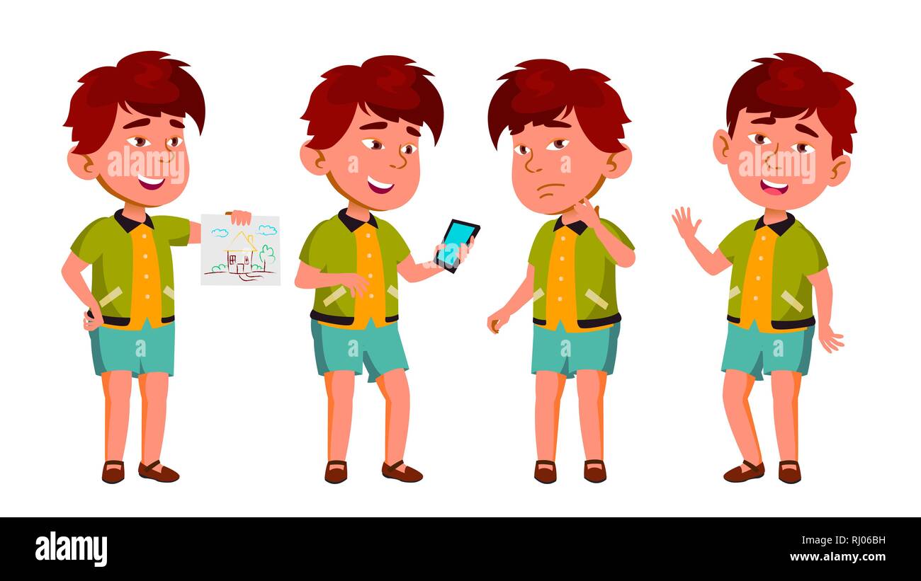 Asian Boy Kindergarten Kid Poses Set Vector. Happy Beautiful Children ...